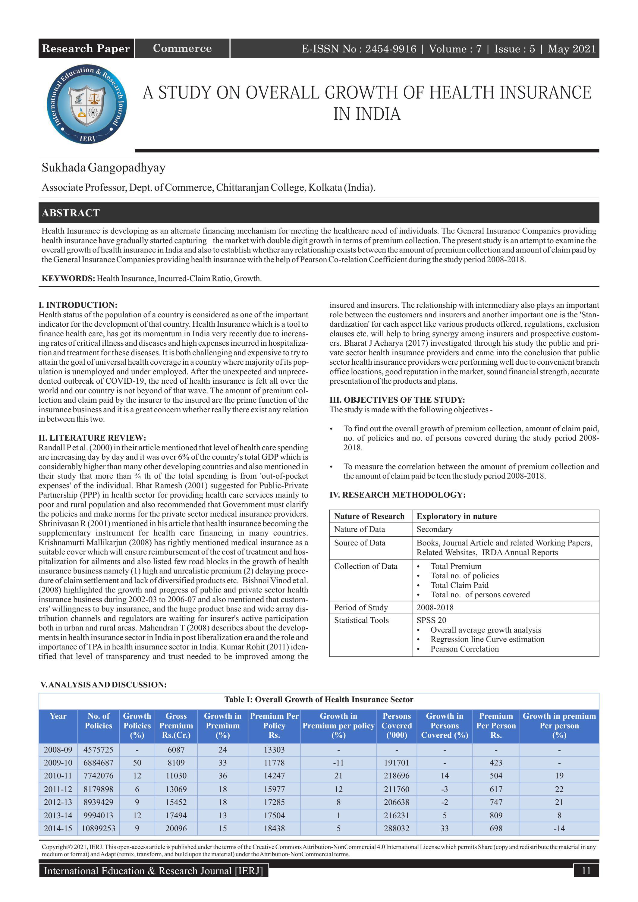 A STUDY ON OVERALL GROWTH OF HEALTH INSURANCE IN INDIA by International ...