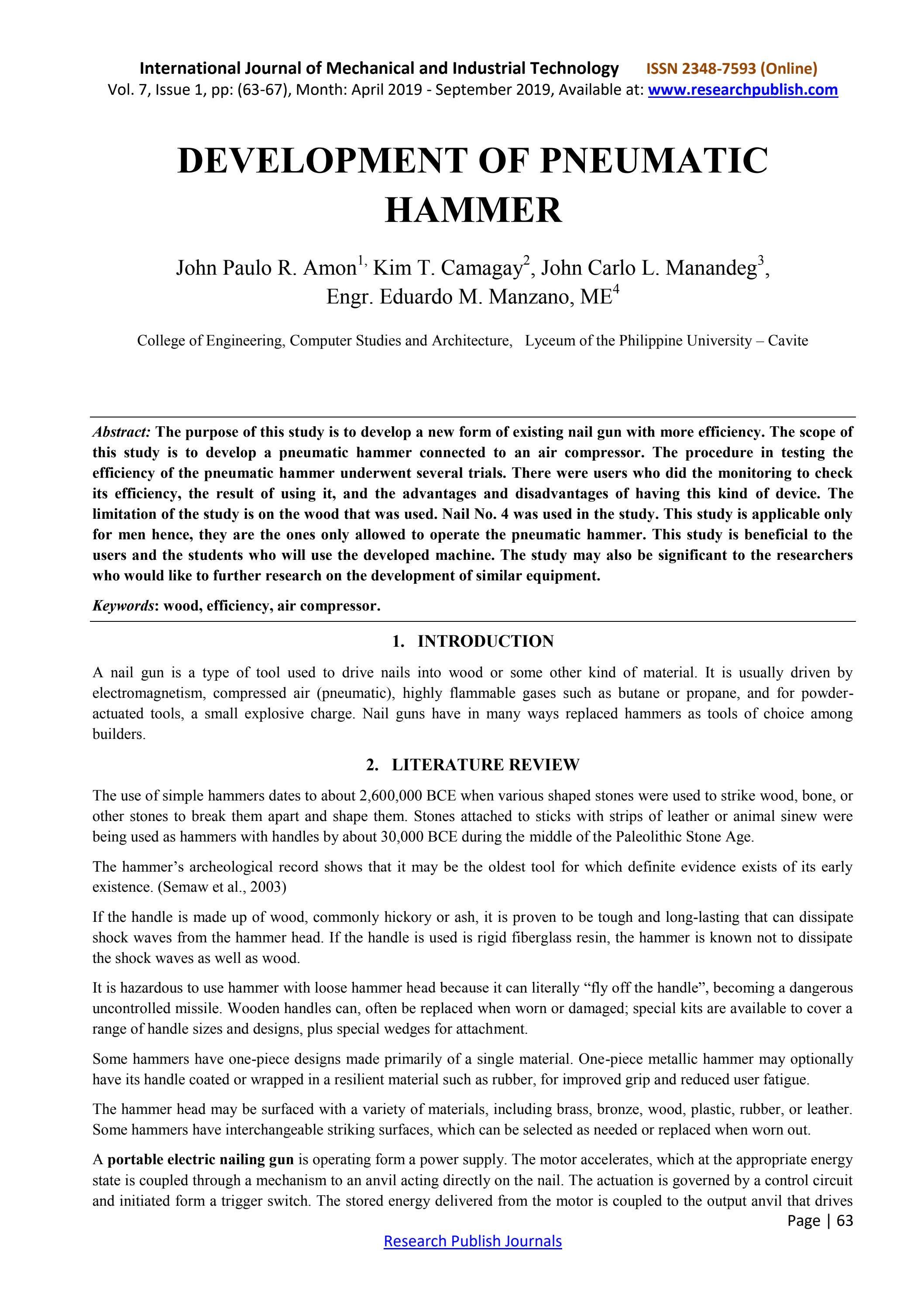 DEVELOPMENT OF PNEUMATIC HAMMER by Research Publish Journals - Issuu