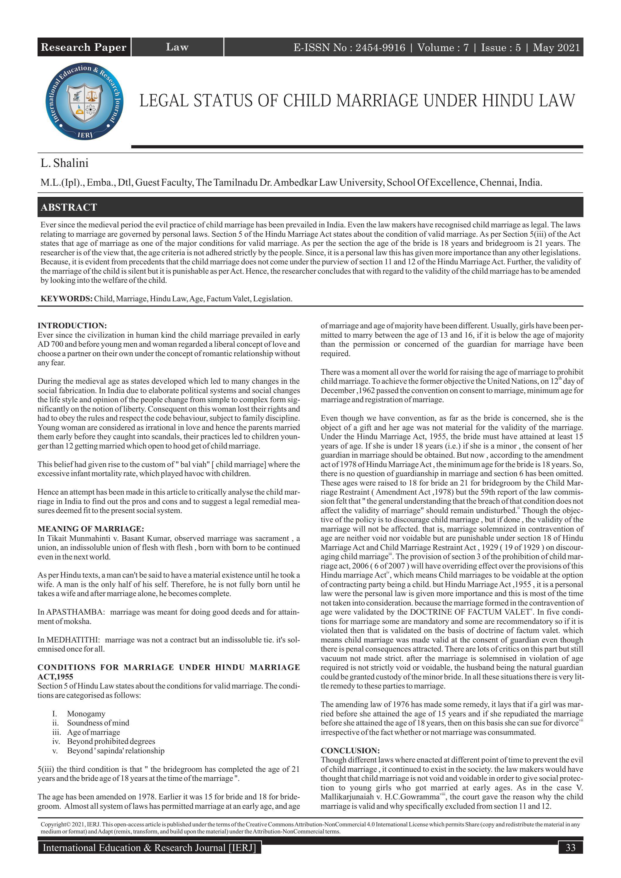 LEGAL STATUS OF CHILD MARRIAGE UNDER HINDU LAW by International ...
