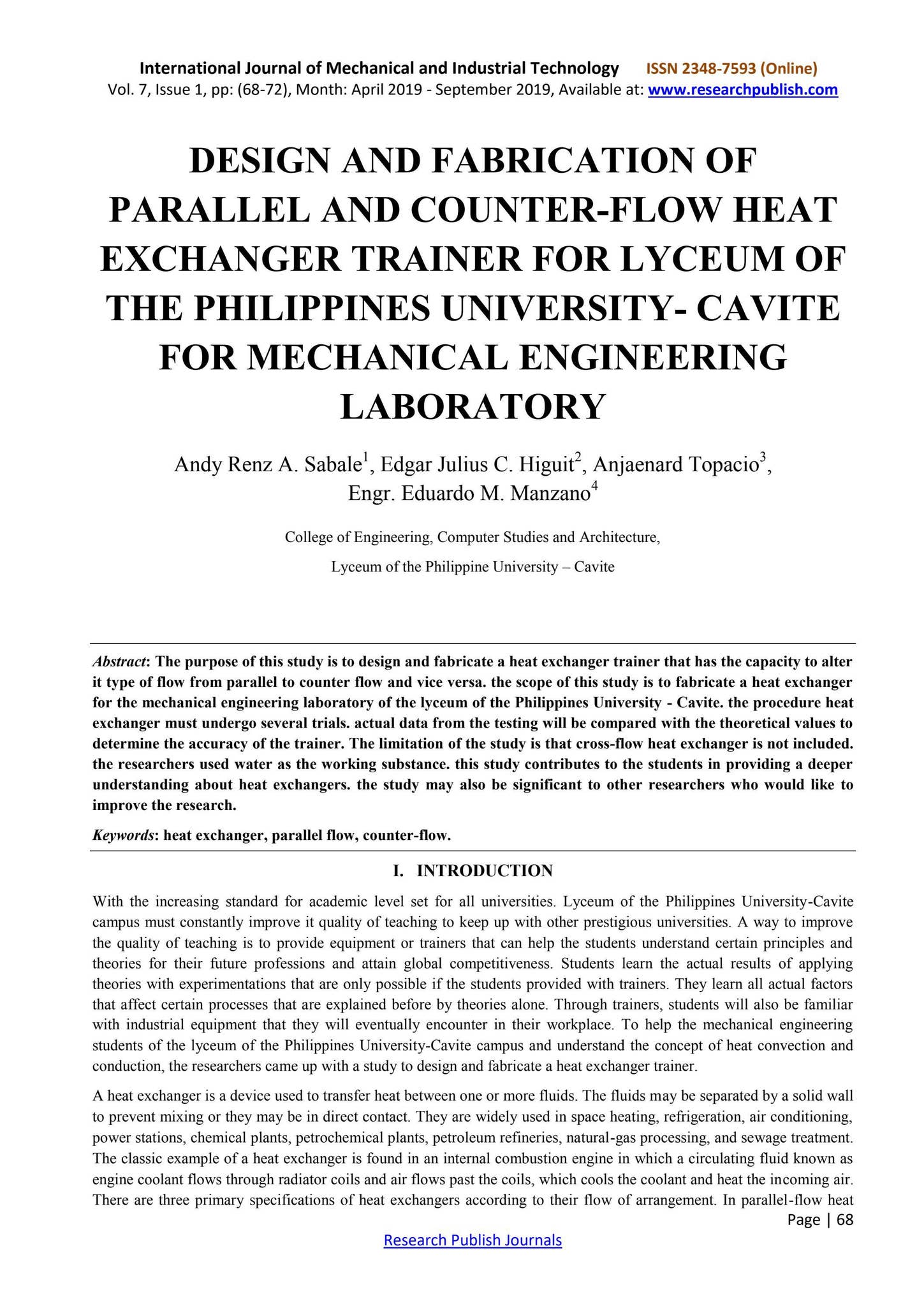 DESIGN AND FABRICATION OF PARALLEL AND COUNTER-FLOW HEAT EXCHANGER ...