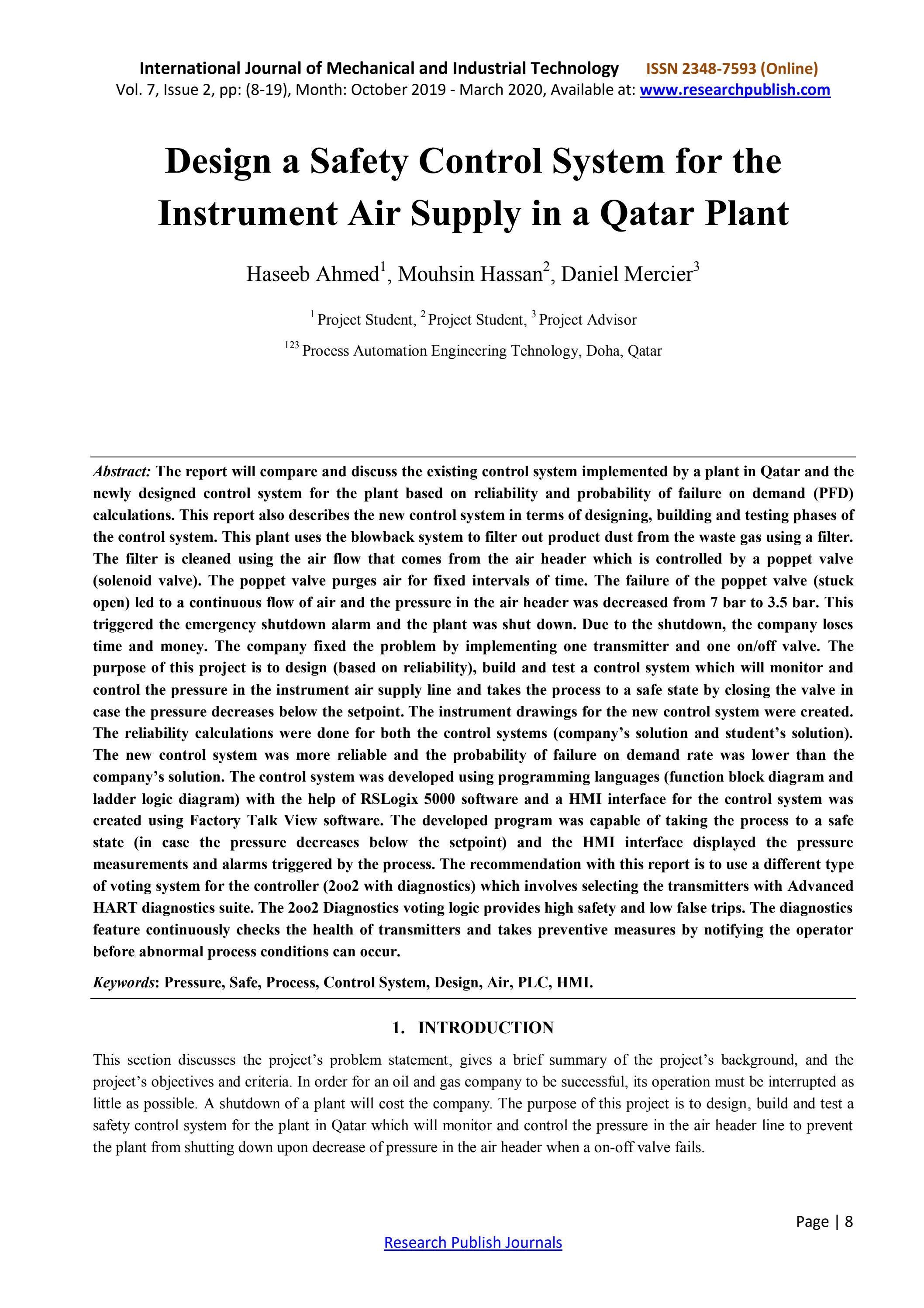 Design a Safety Control System for the Instrument Air Supply in a Qatar ...