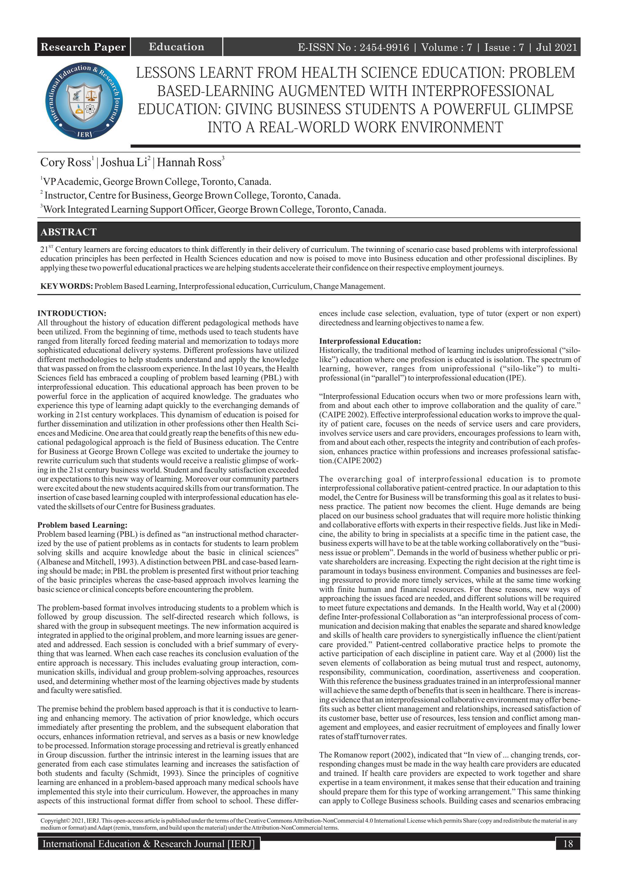 LESSONS LEARNT FROM HEALTH SCIENCE EDUCATION: PROBLEM BASED-LEARNING ...