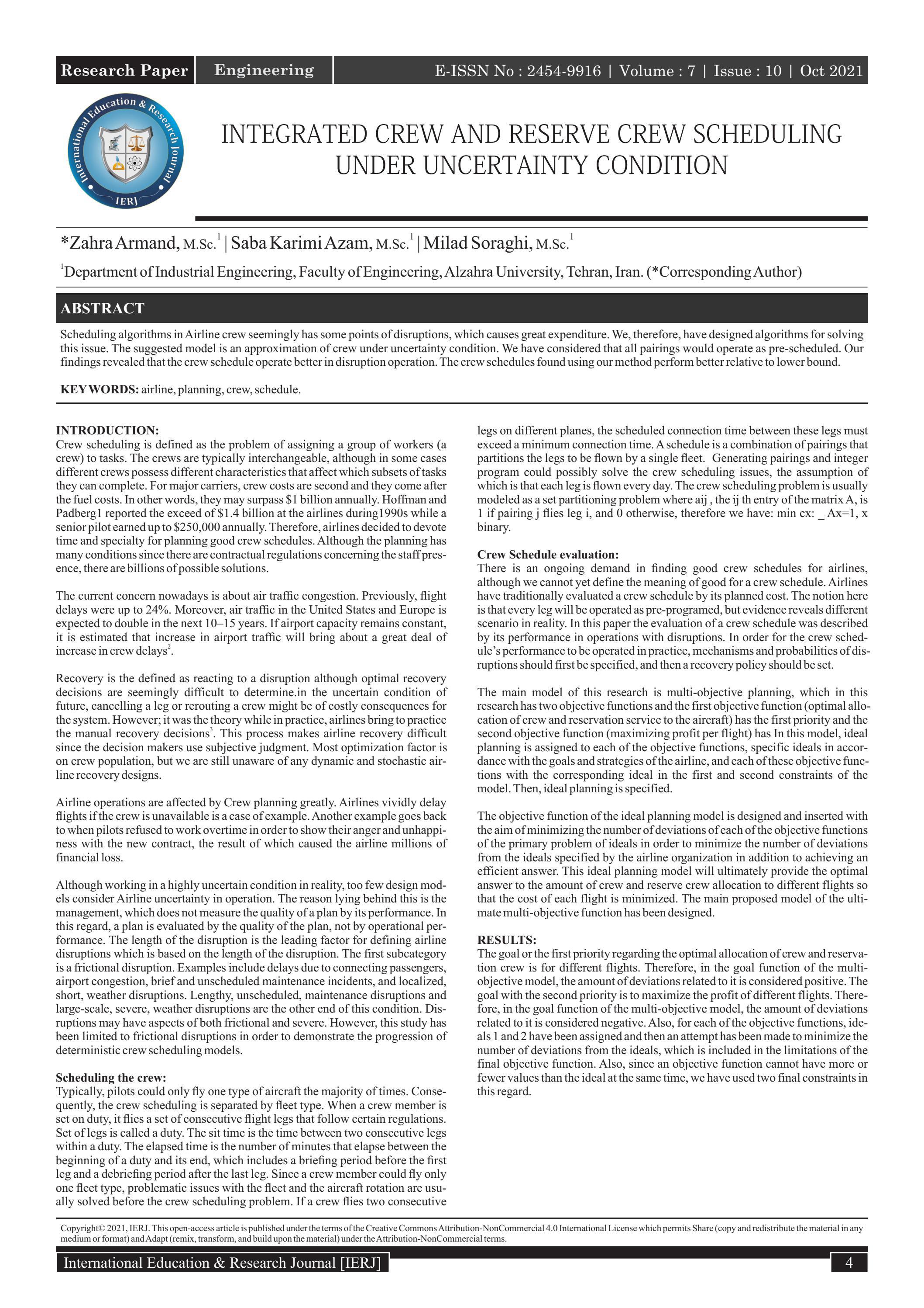 INTEGRATED CREW AND RESERVE CREW SCHEDULING UNDER UNCERTAINTY CONDITION ...