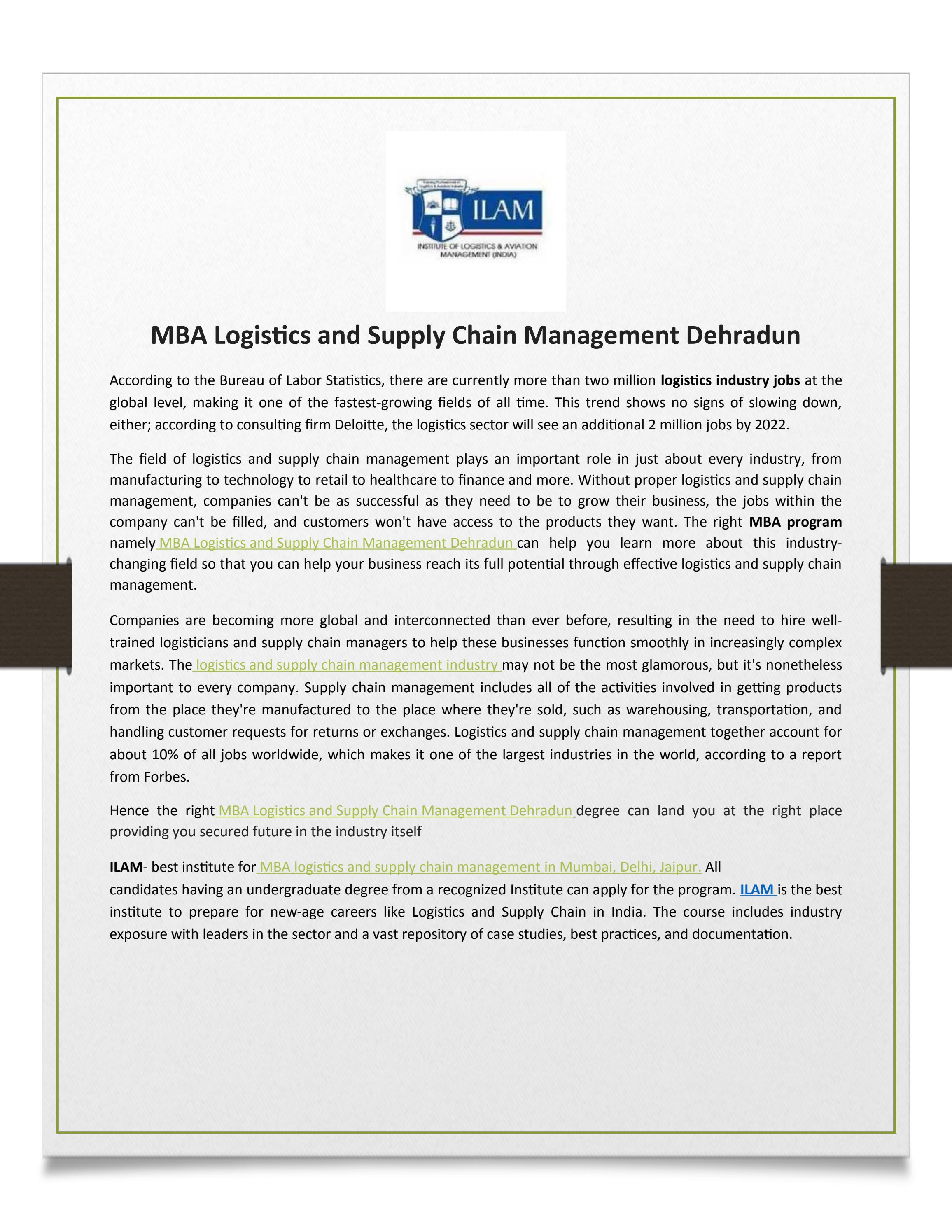 MBA Logistics and Supply Chain Management Dehradun by ILAM INDIA - Issuu