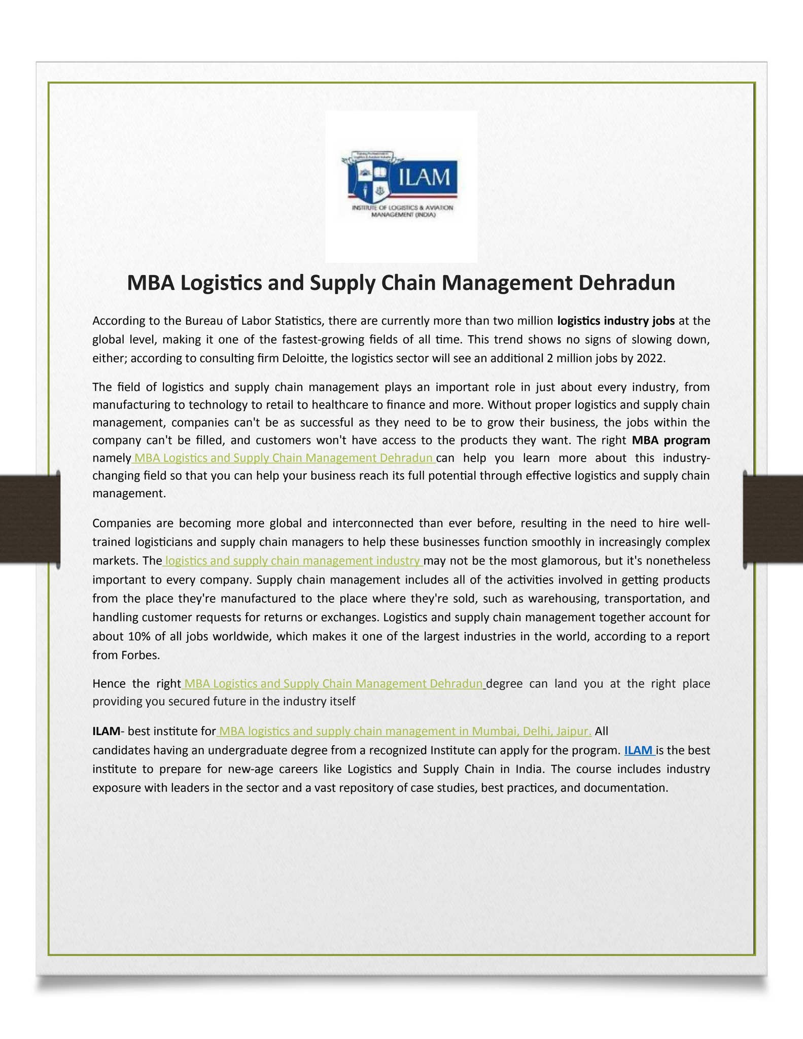 MBA Logistics and Supply Chain Management Dehradun by ILAM INDIA - Issuu