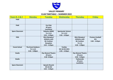 Valley Club Timetable Summer 2022 by Schudio - Issuu