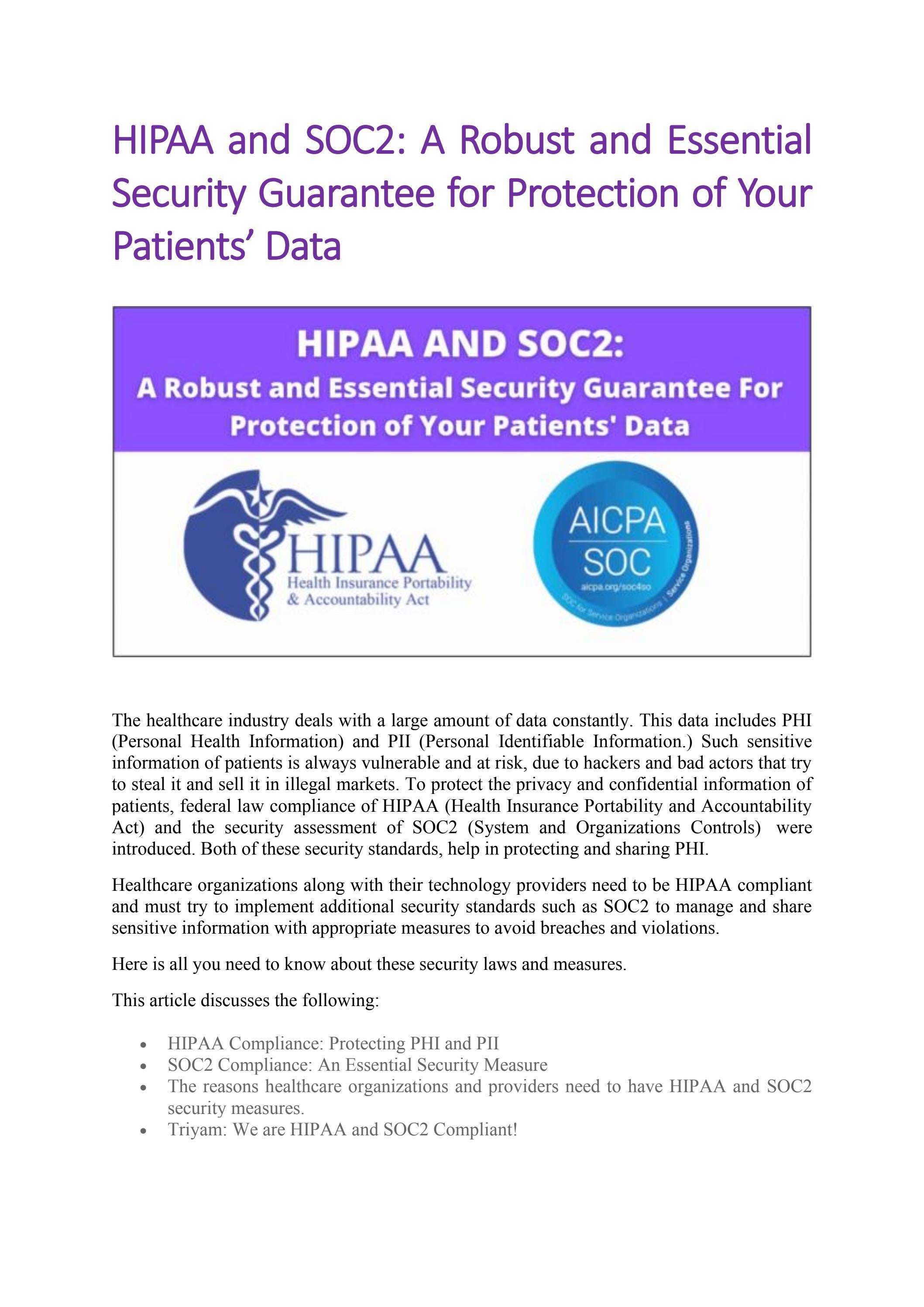 HIPAA and SOC2: A Robust and Essential Security Guarantee For Protection of Your Patients’ Data ...