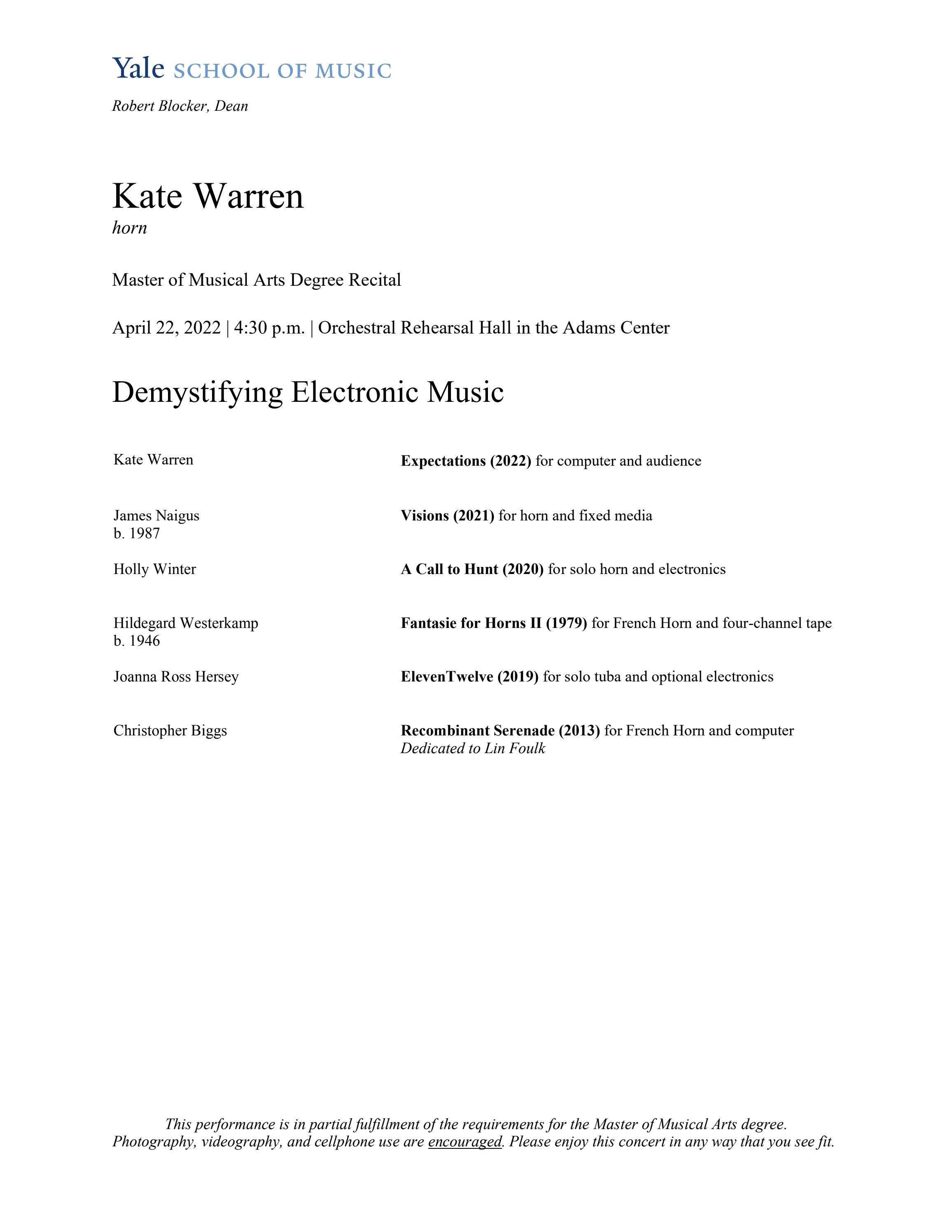 Kate Warren, horn, April 22, 2022 by Yale School of Music - Issuu