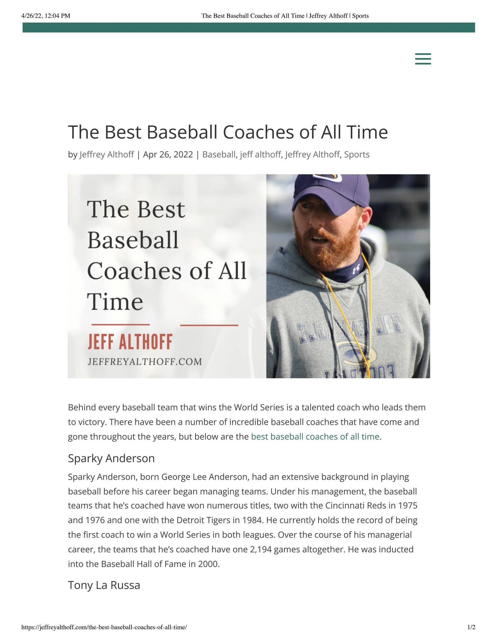 The Best Baseball Coaches of All Time | Jeffrey Althoff Hunting by ...
