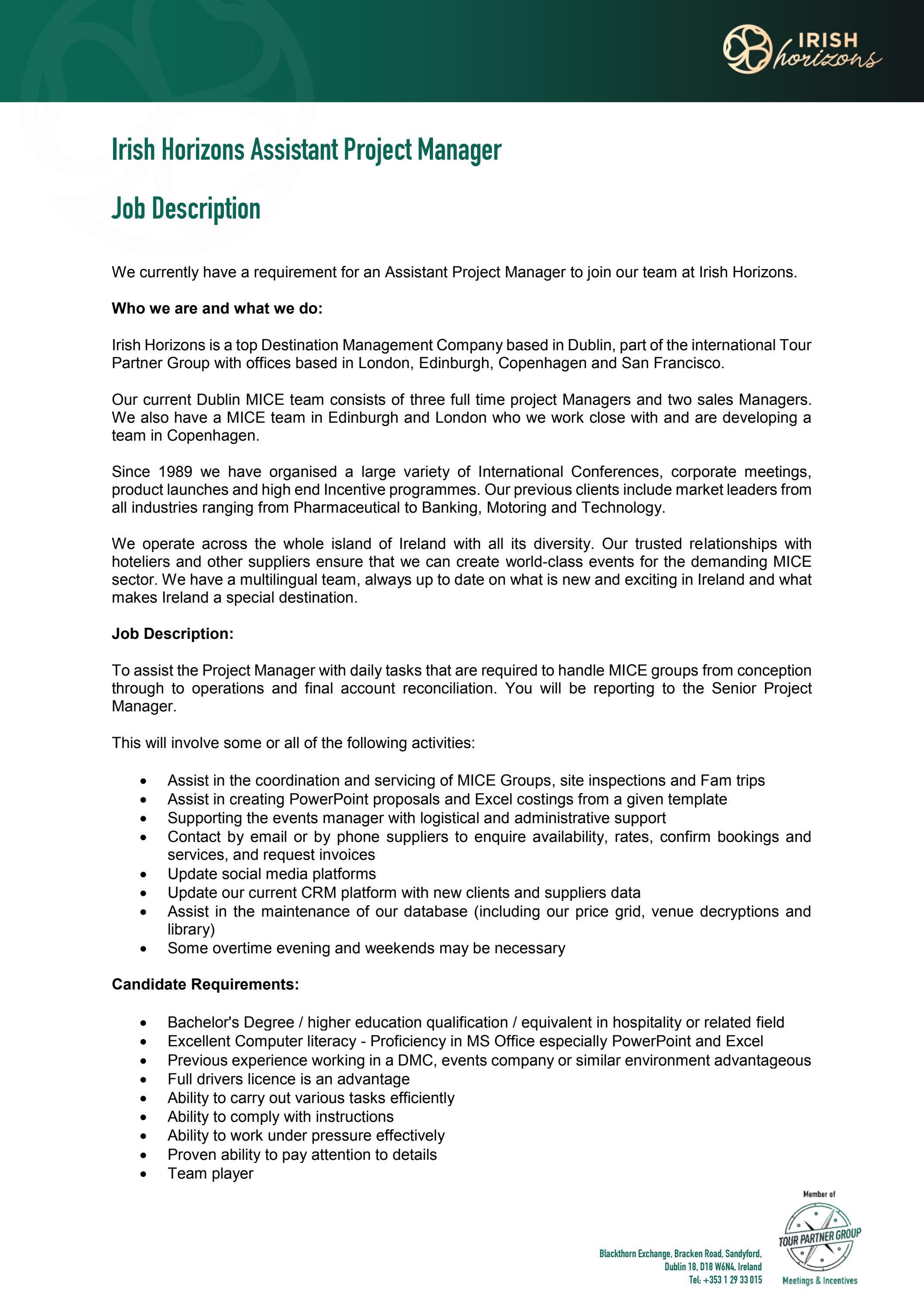 Assistant Project Manager Irish Horizons by Tour Partner Group - Issuu