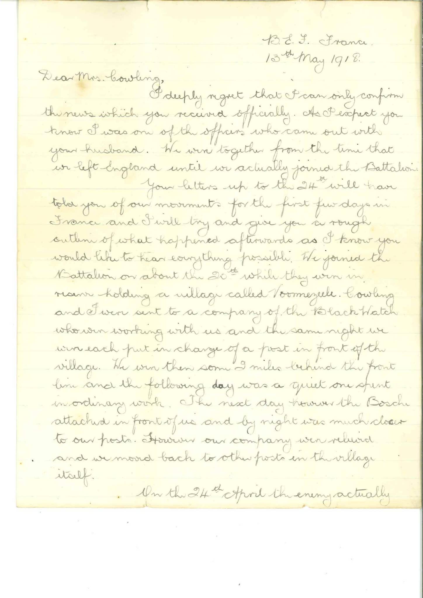 Letter to Bertha Cowling written 13 May 1918 by Gerald H Singleton by ...