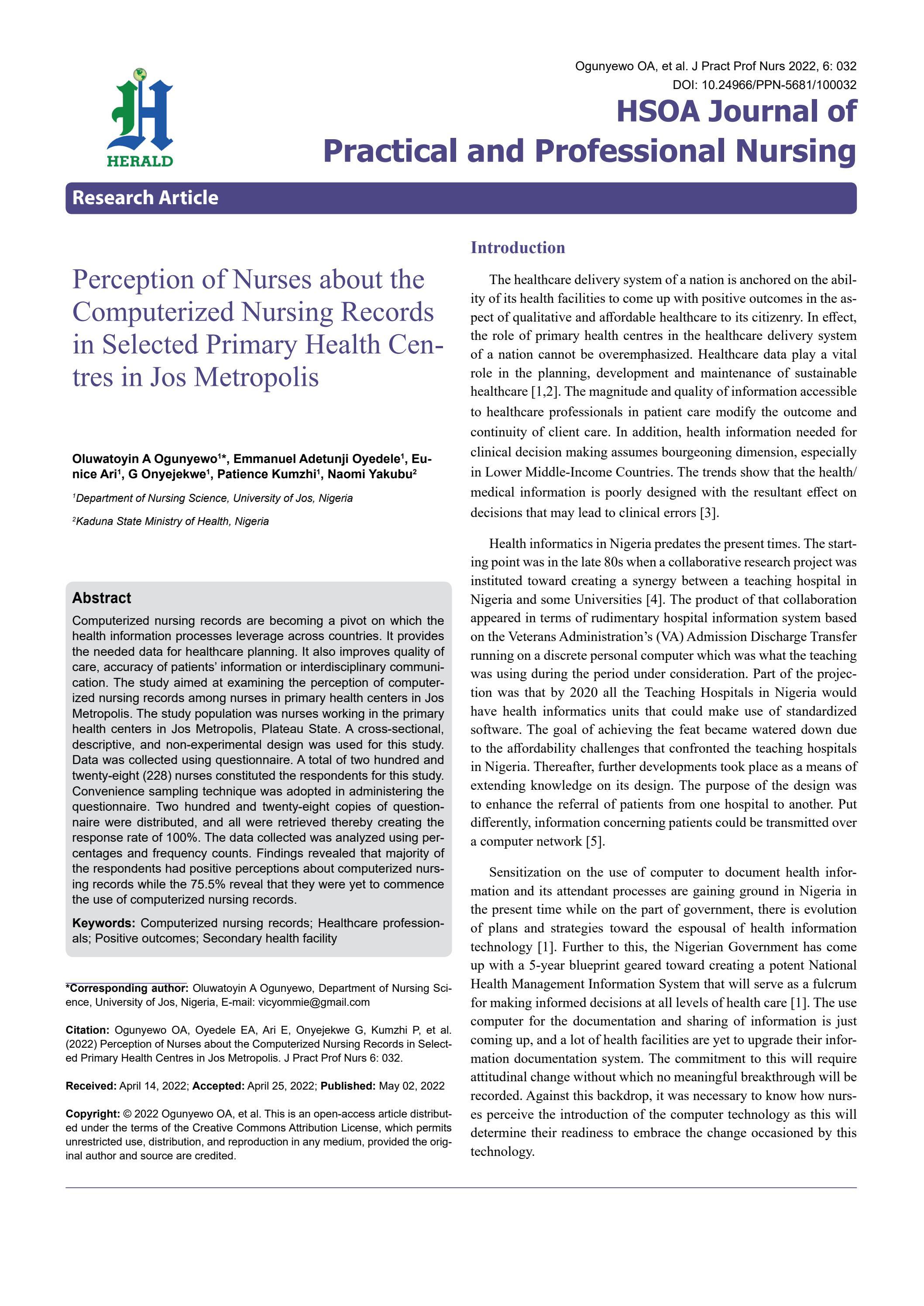 Perception of Nurses about the Computerized Nursing Records in Selected ...