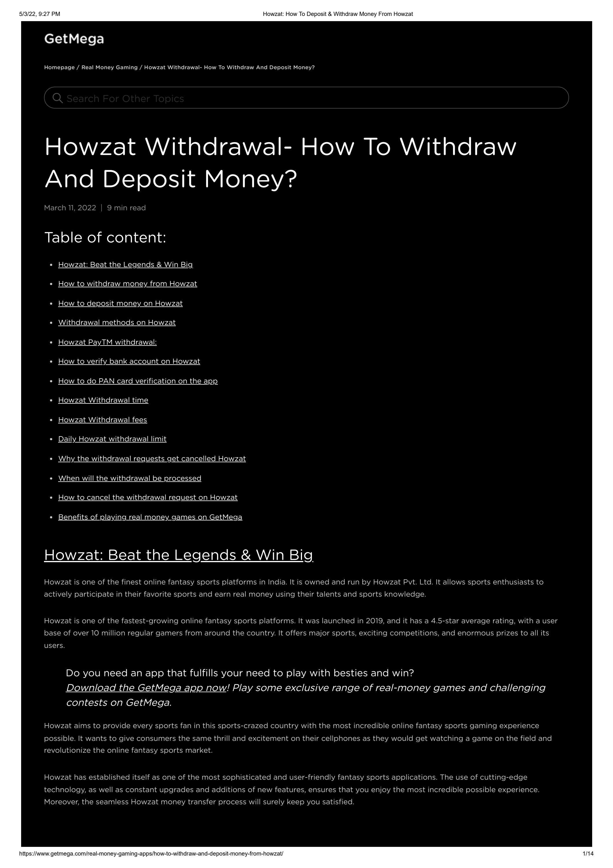 Howzat Withdrawal- How To Withdraw And Deposit Money? by GetMega - Issuu