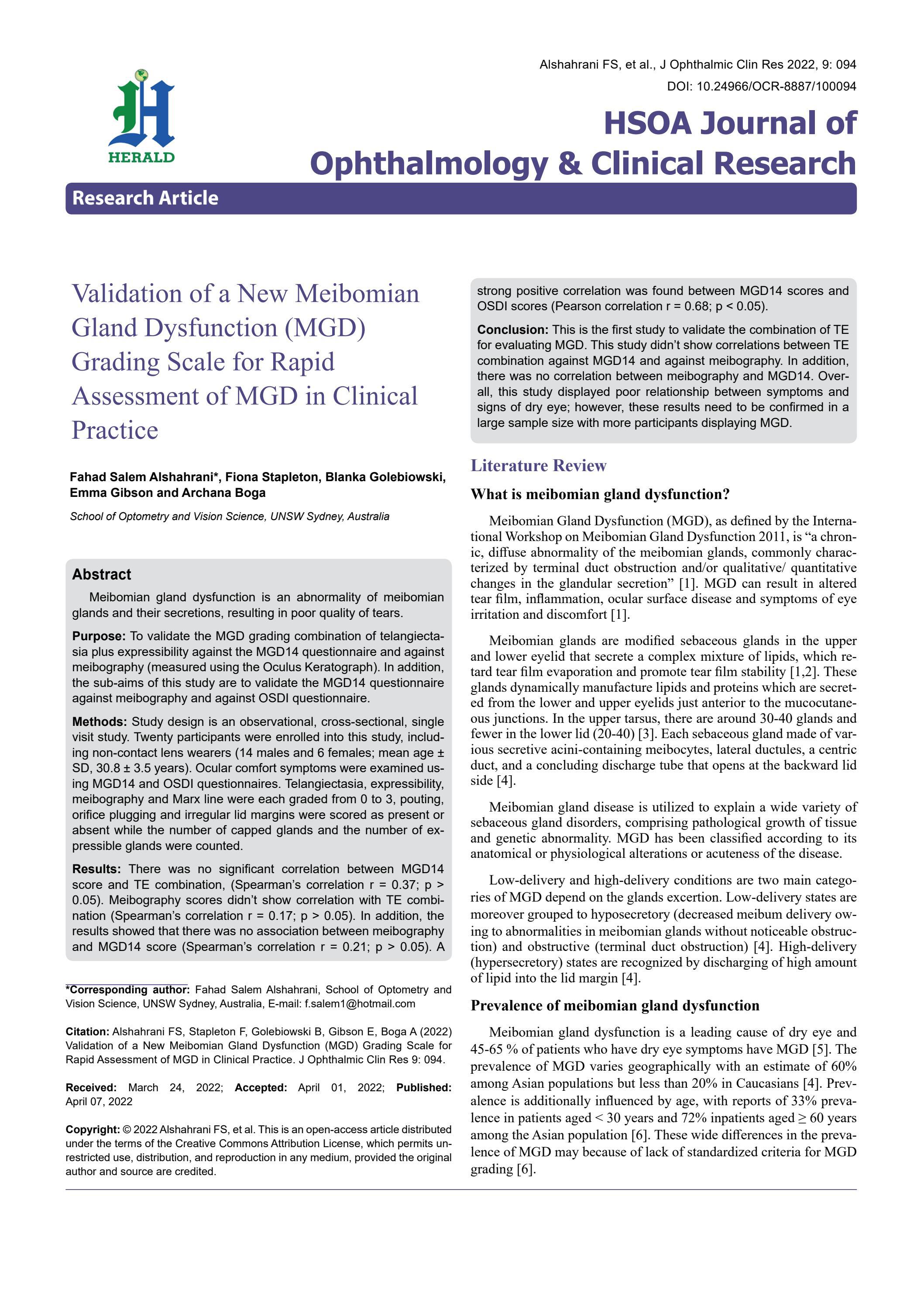 Validation of a New Meibomian Gland Dysfunction (MGD) Grading Scale for ...