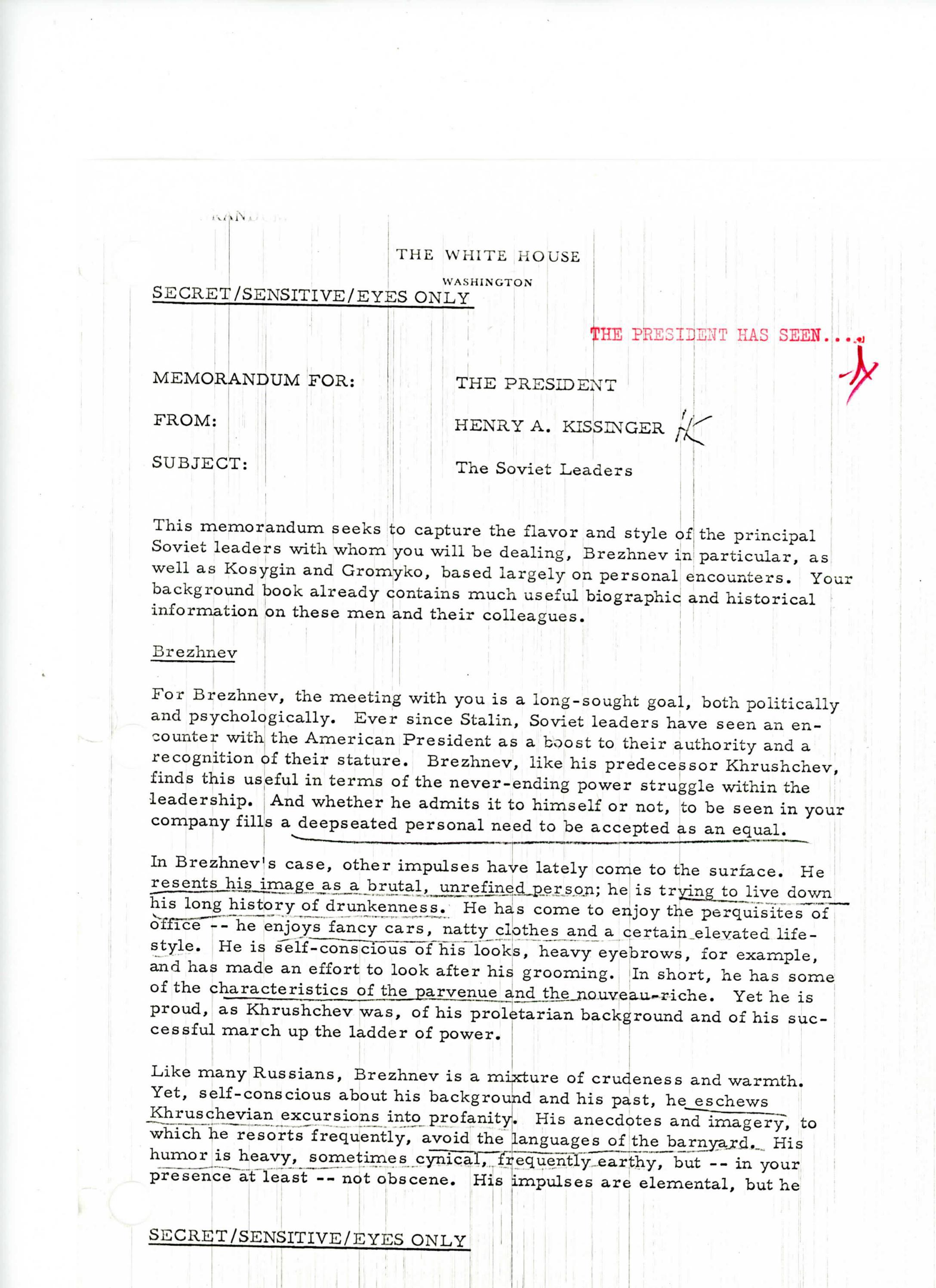 Kissinger Memo to President Nixon on Soviet Leaders by Nixon Foundation ...