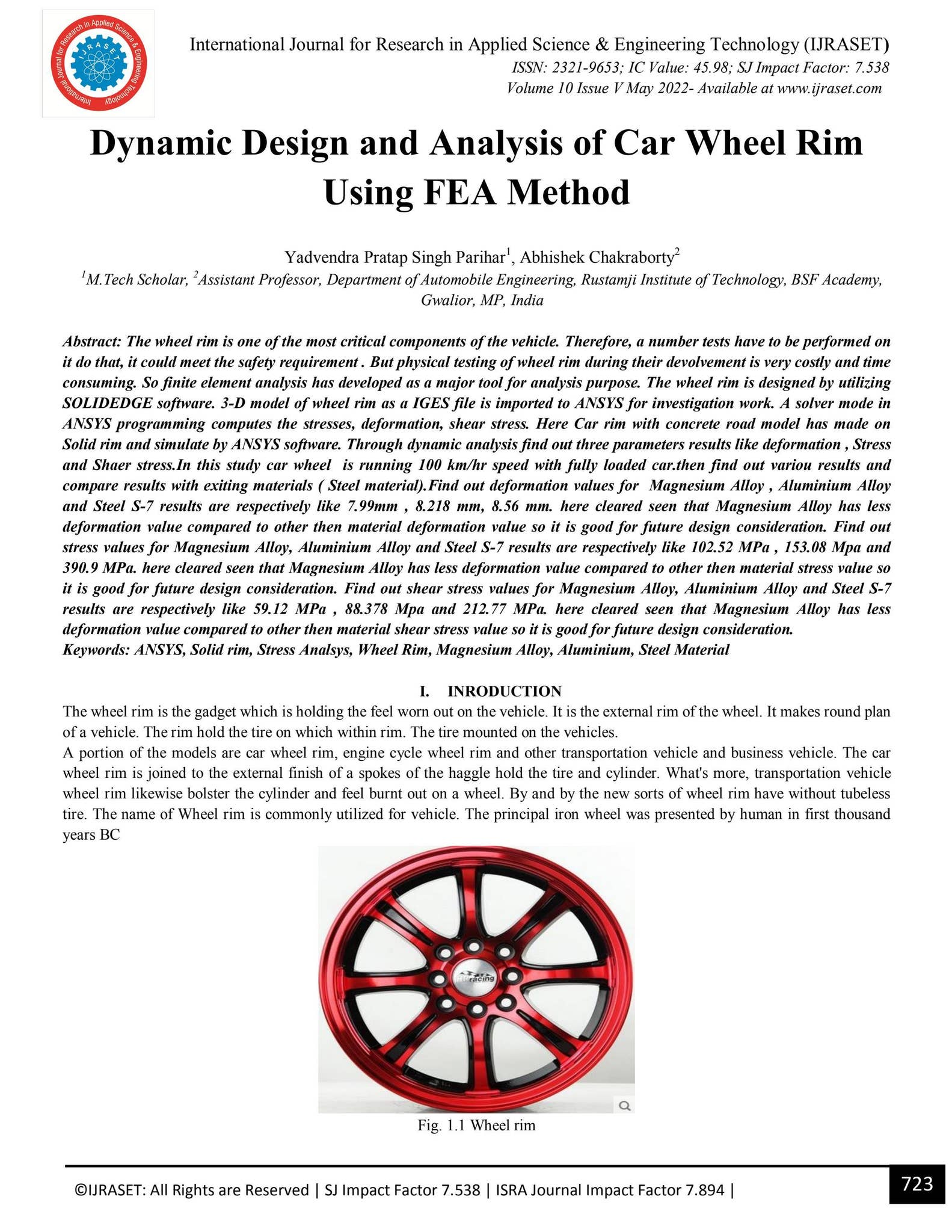 Dynamic Design and Analysis of Car Wheel Rim Using FEA Method by IJRASET - Issuu