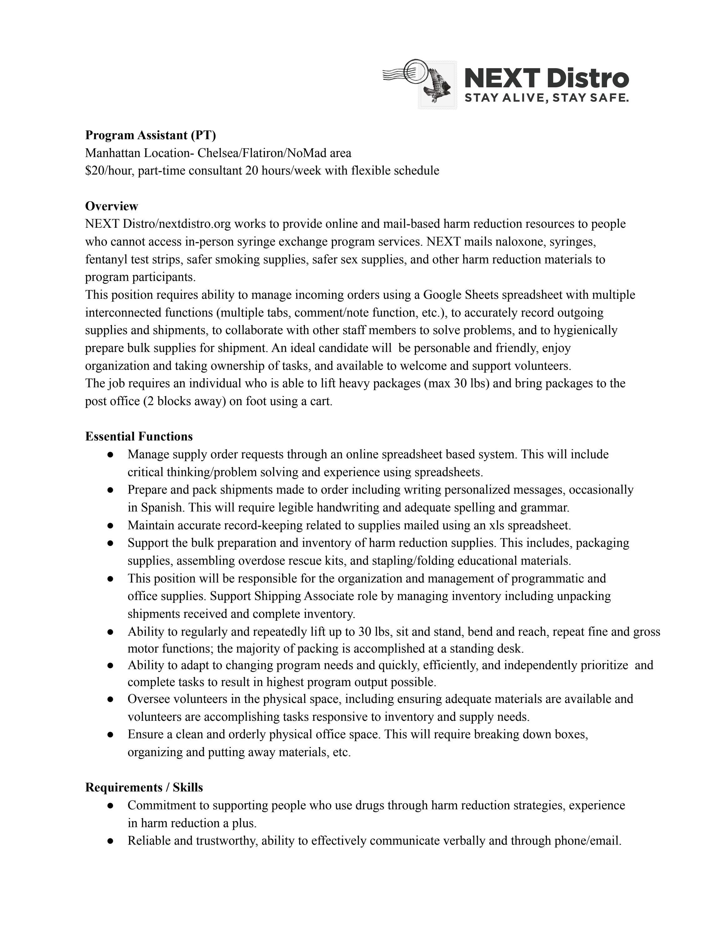 NEXT NY Program Assistant Job Description PT - We're hiring in June ...