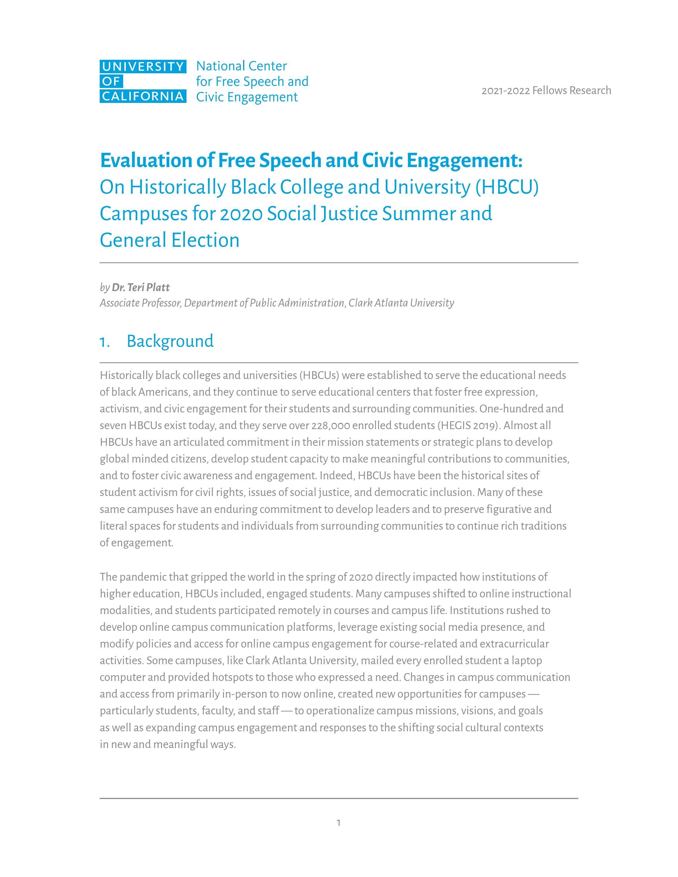 Platt - Evaluation of Free Speech and Civic Engagement on HCBU Campuses ...