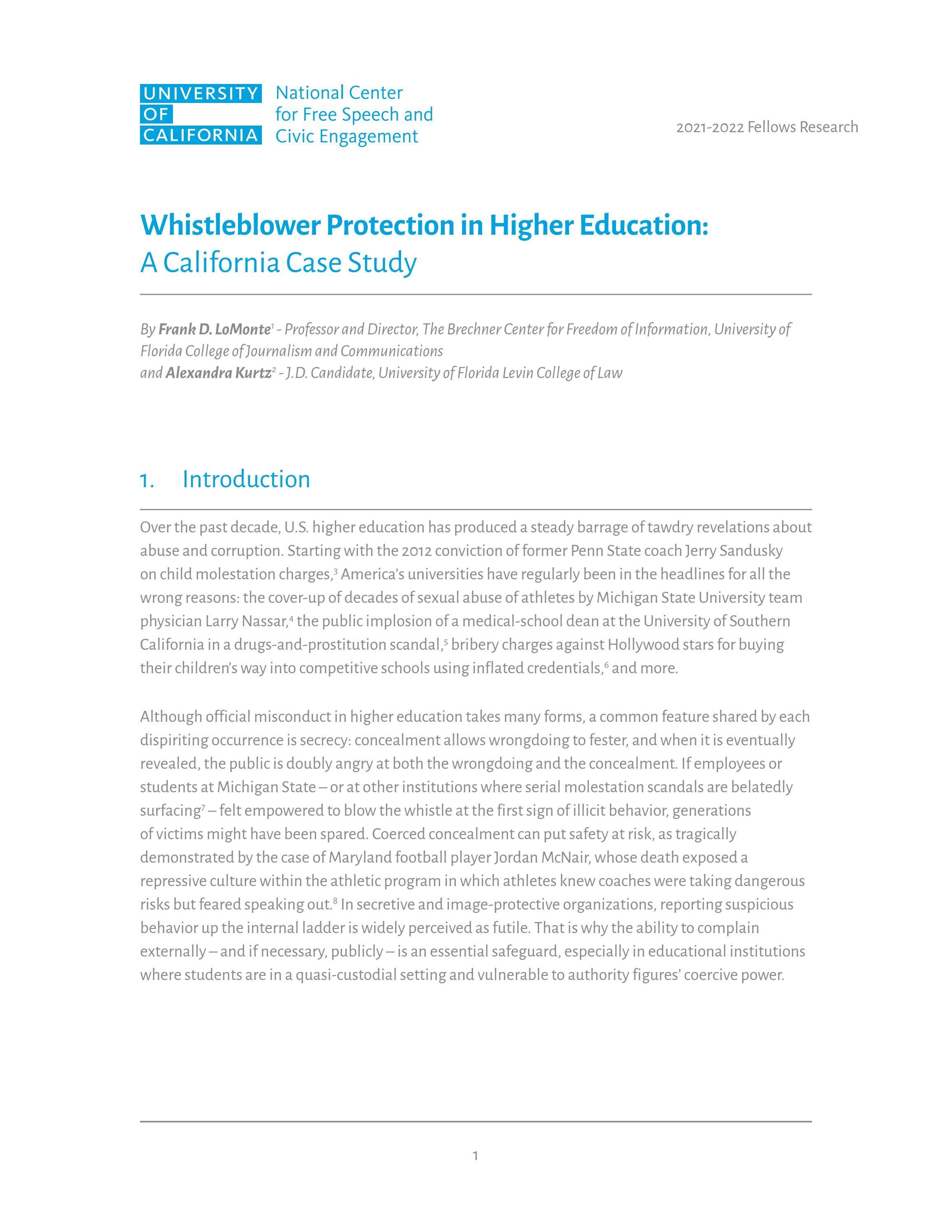 LoMonte And Kurtz Whistleblower Protection In Higher Education By UC LoMonte And Kurtz Whistleblower Protection In Higher Education By UC