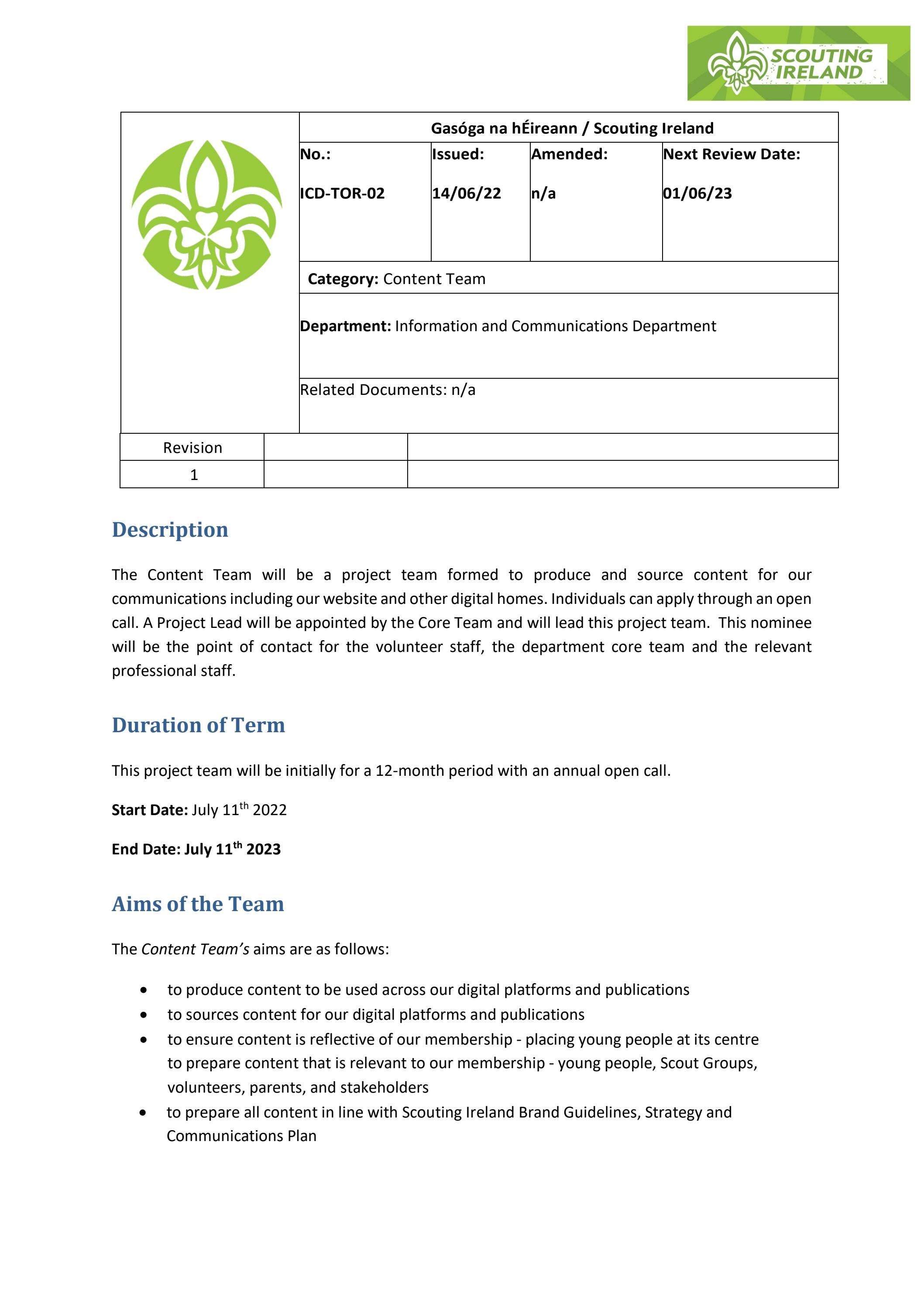 Content Project Team Terms of Reference by Scouting Ireland - Issuu