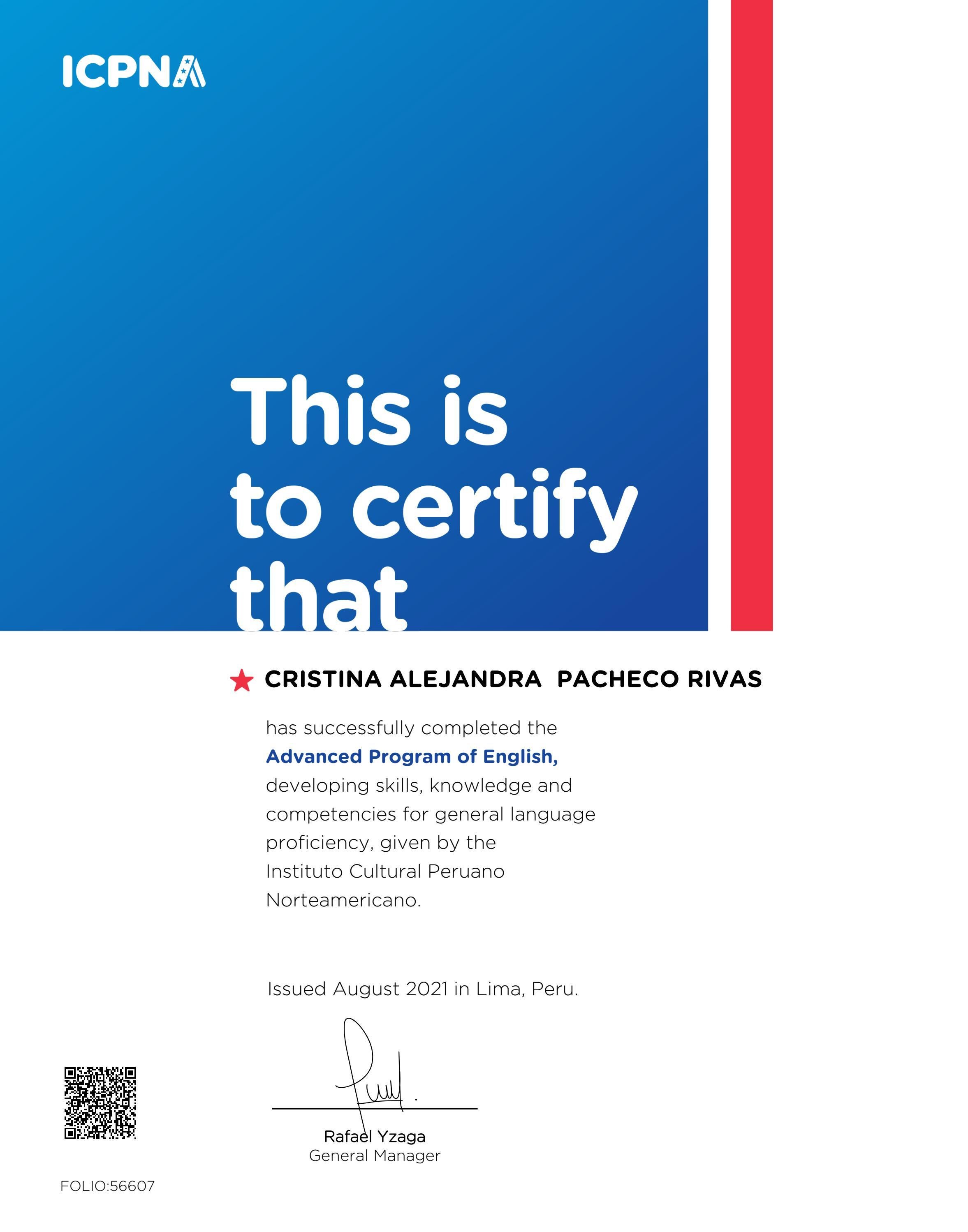 Certificate of Achivement ICPNA Advanced Program of English by Cristina ...