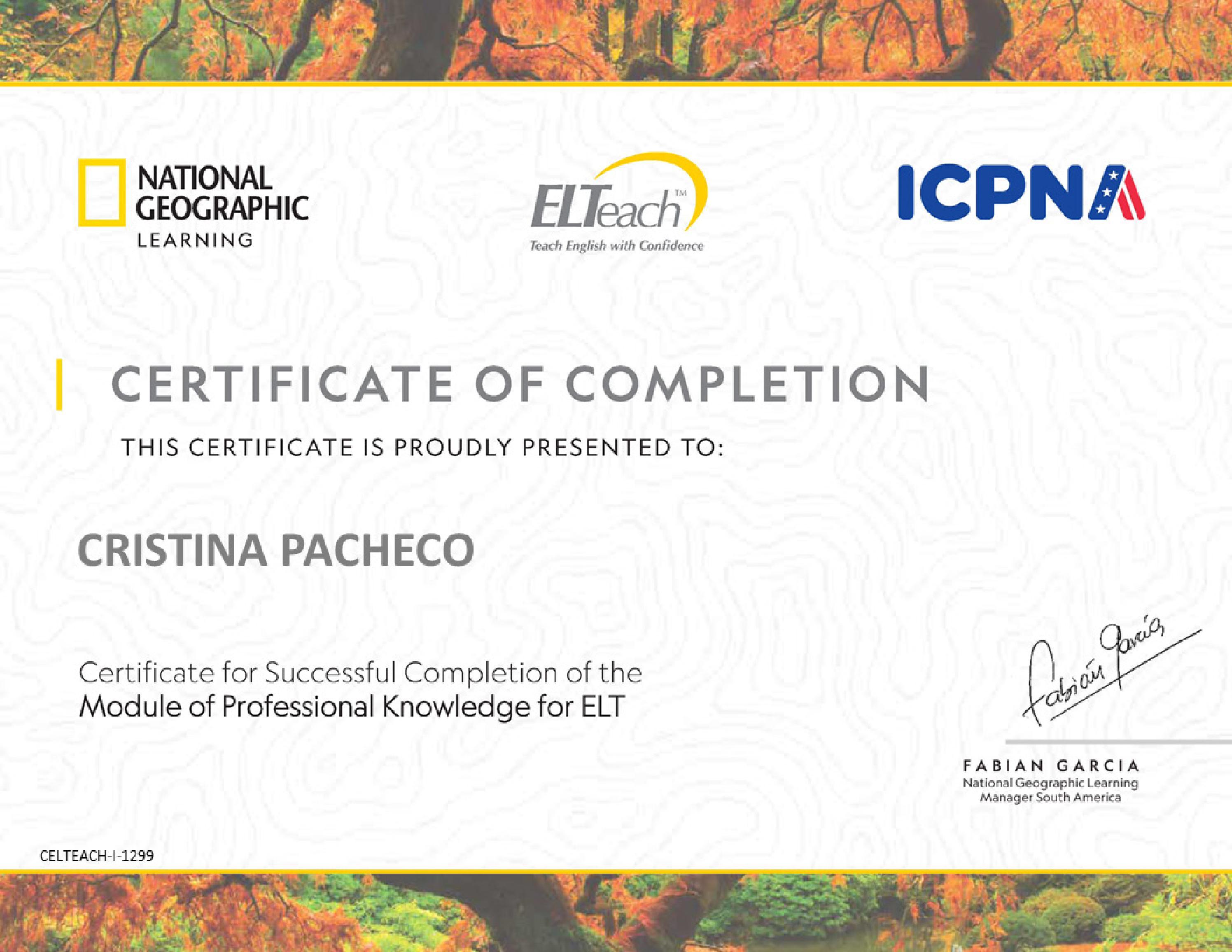 Certificate National Geographic Learning ELT by Cristina Pacheco Rivas ...