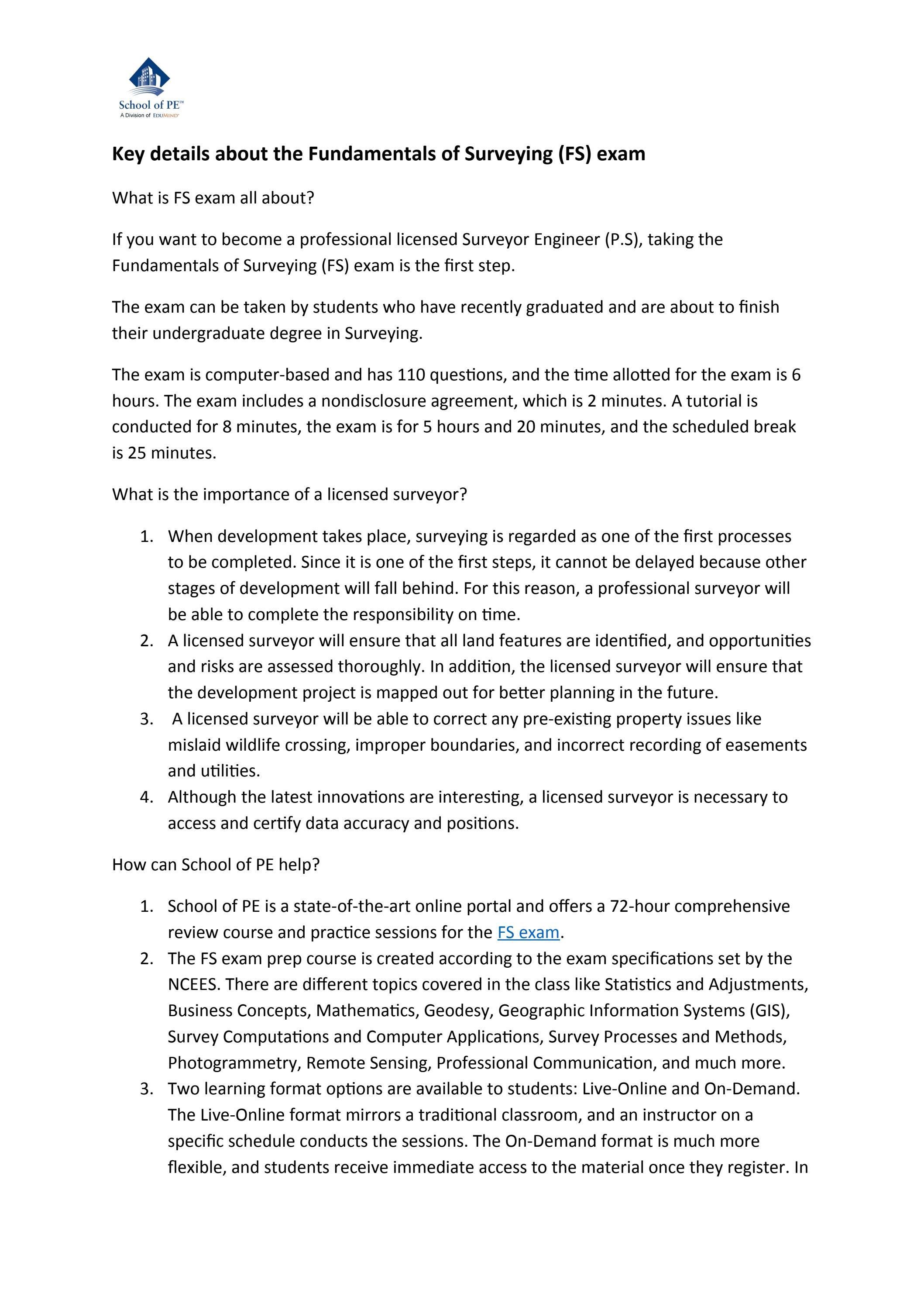 Key details about the Fundamentals of Surveying (FS) exam by School of ...