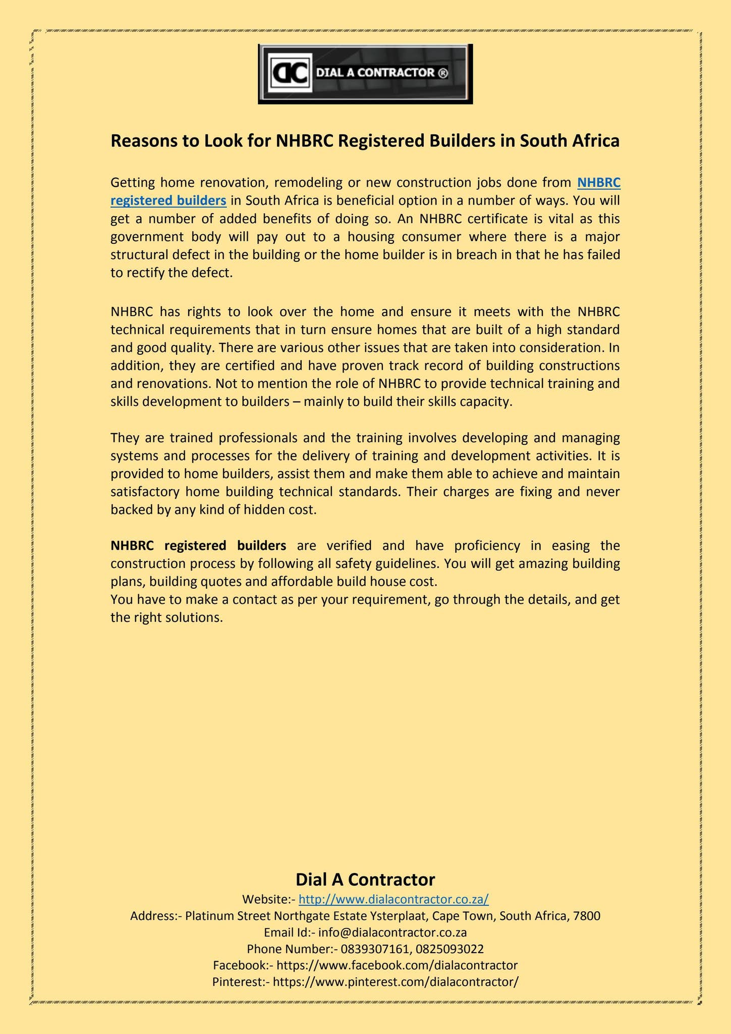 Reasons to Look for NHBRC Registered Builders in South Africa by Dial A ...