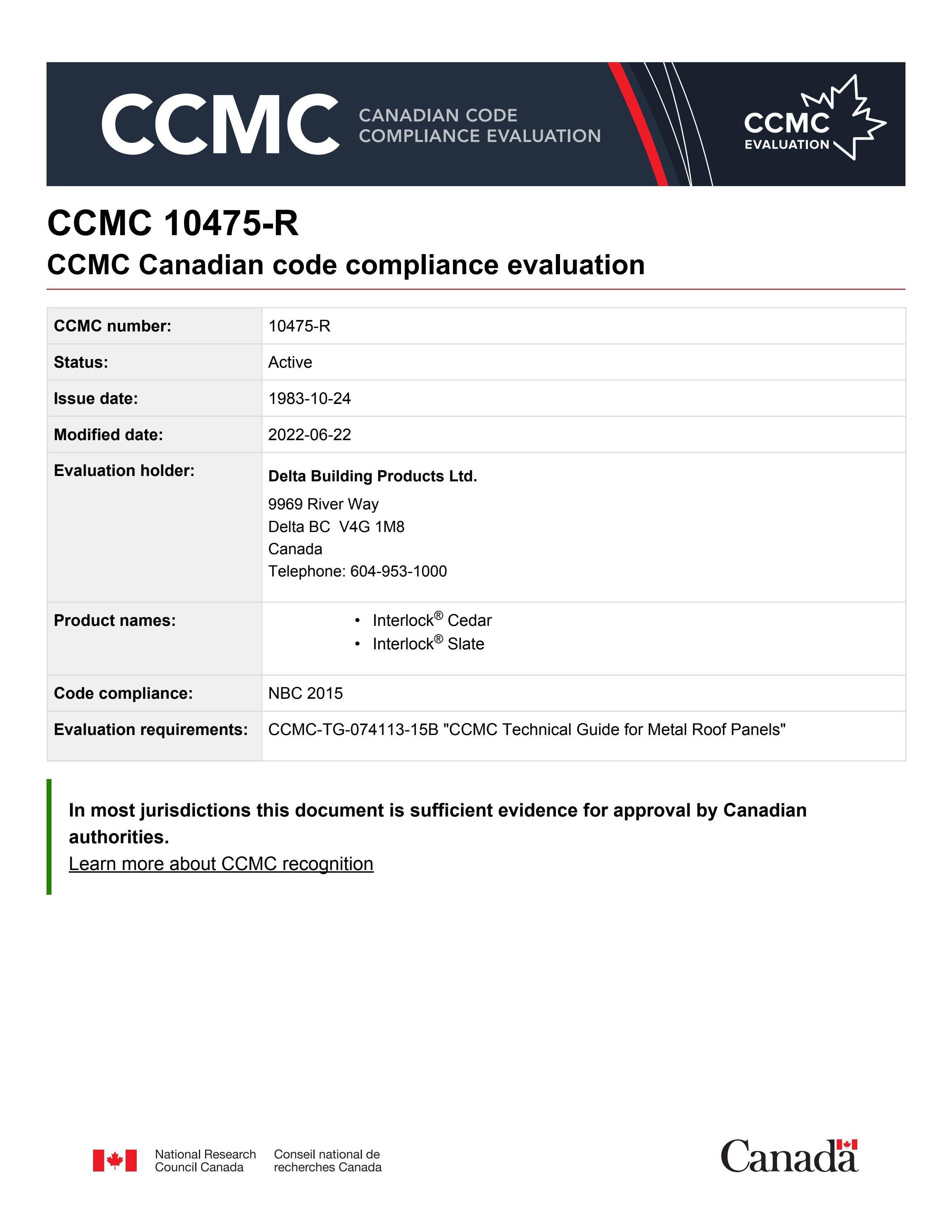 Evaluation Report CCMC 10475-R by Interlock Metal Roofing - Issuu