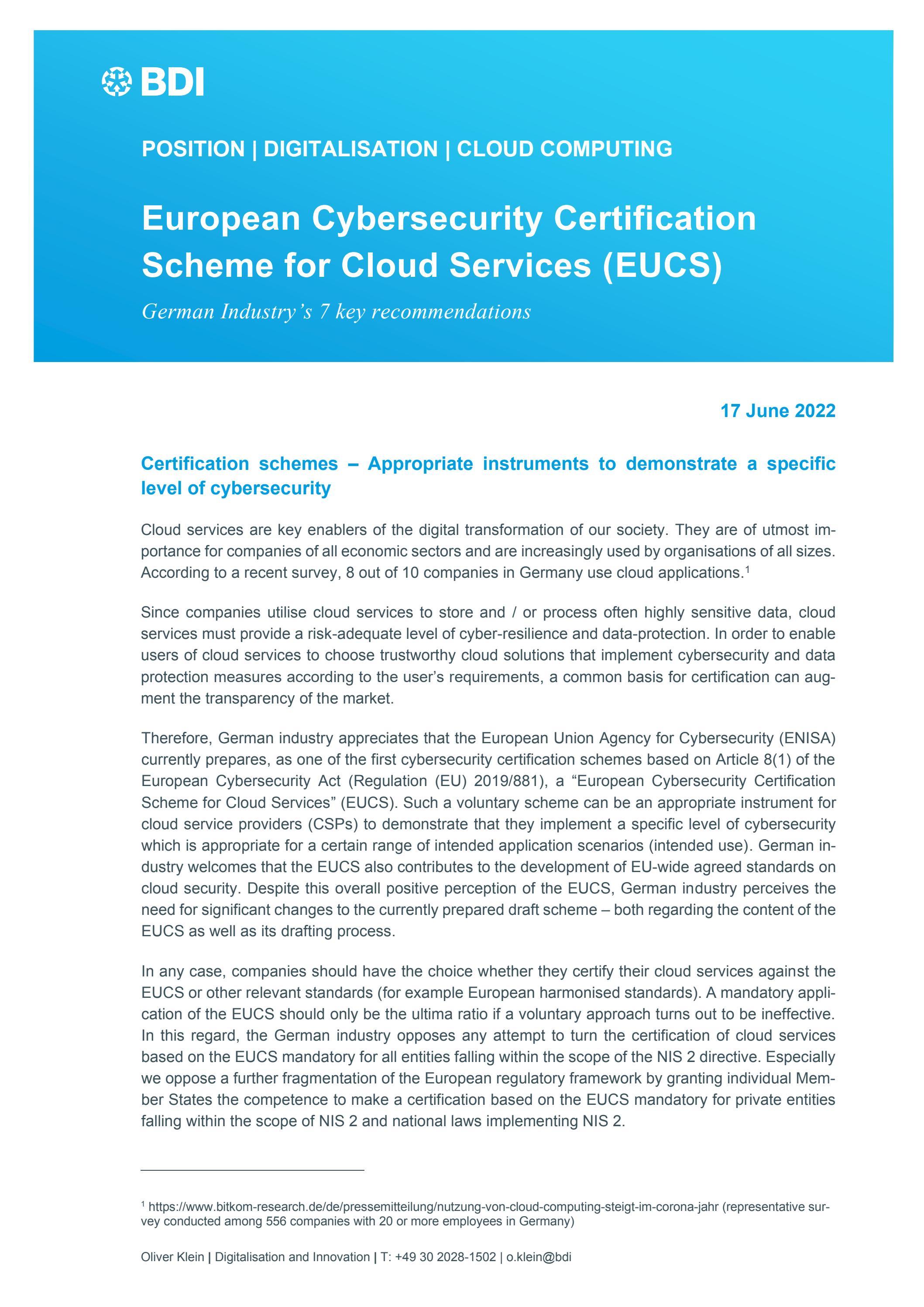 European Cybersecurity Certification Scheme for Cloud Services (EUCS ...