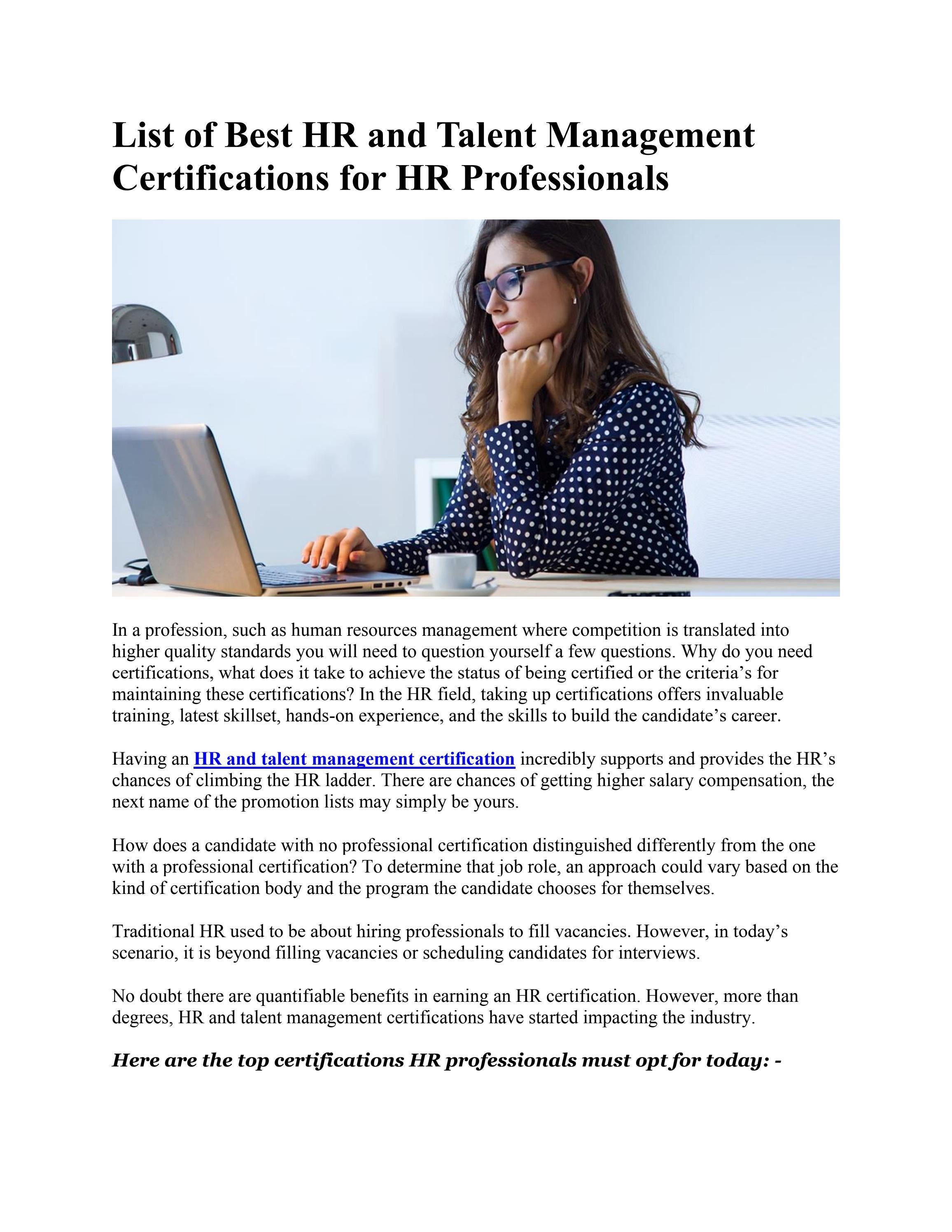 List of Best HR and Talent Management Certifications for HR Professionals by Talent Management ...