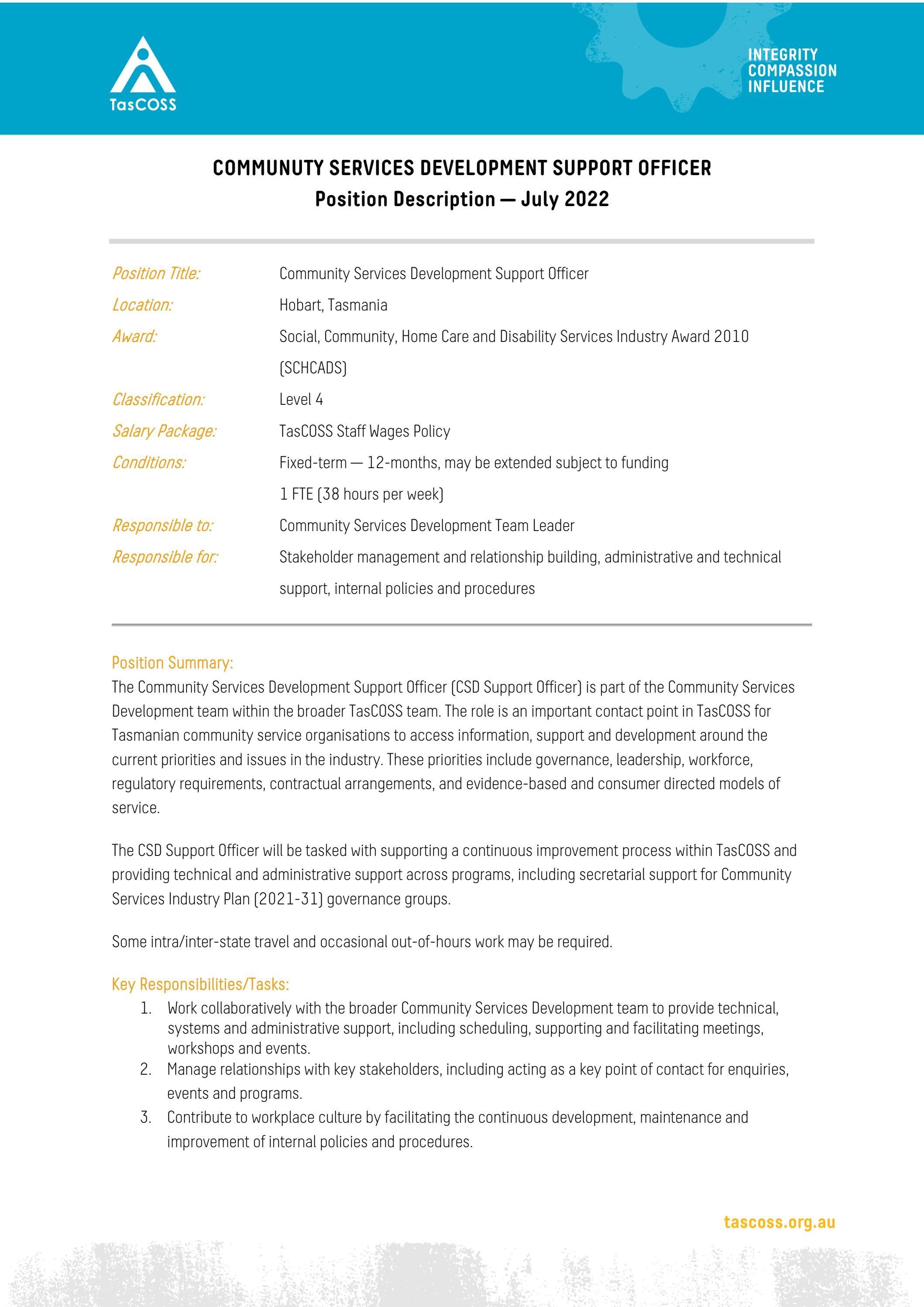 Community Services Development Support Officer (Position Description ...