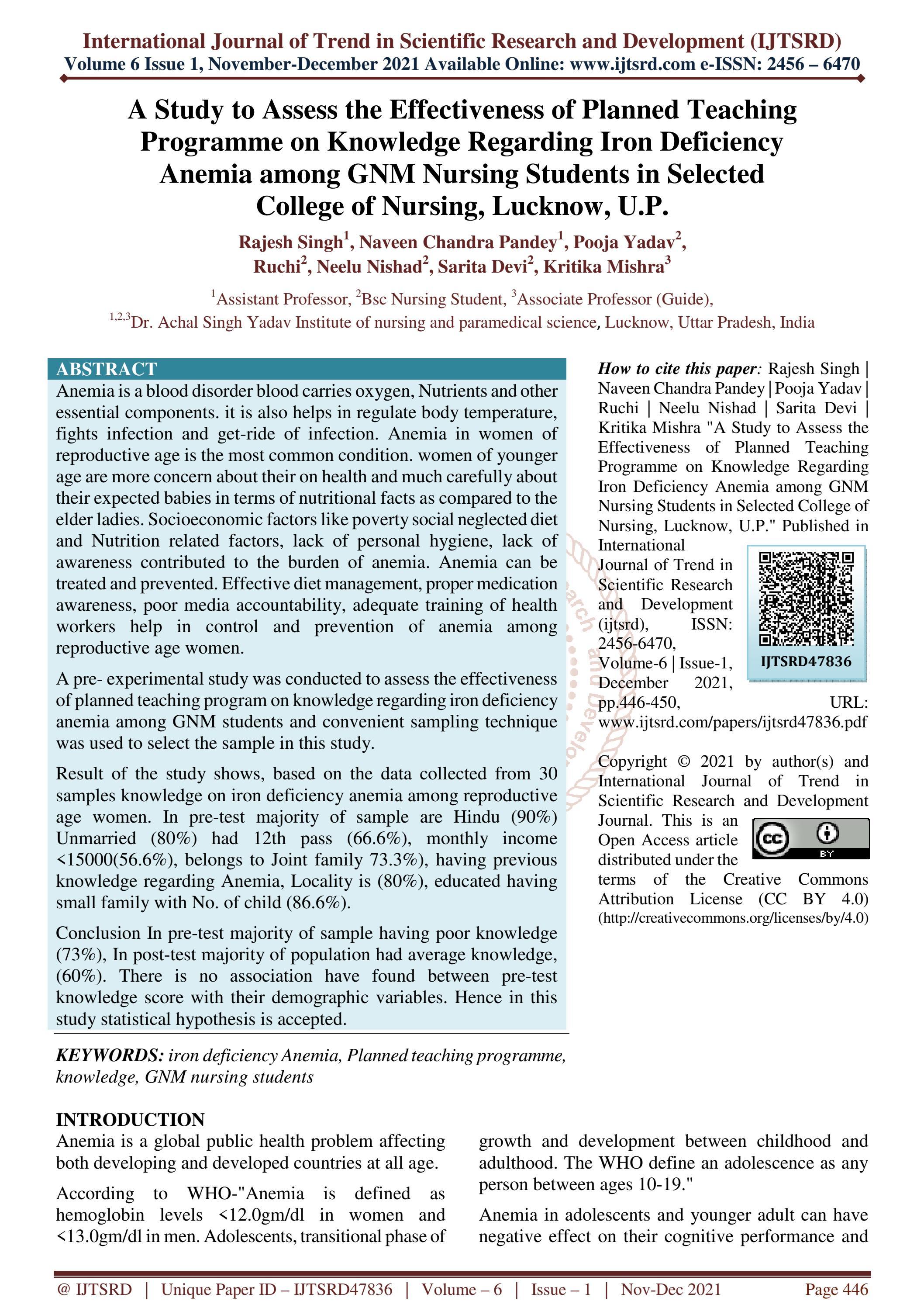 A Study To Assess The Effectiveness Of Planned Teaching Programme On A Study To Assess The Effectiveness Of Planned Teaching Programme On