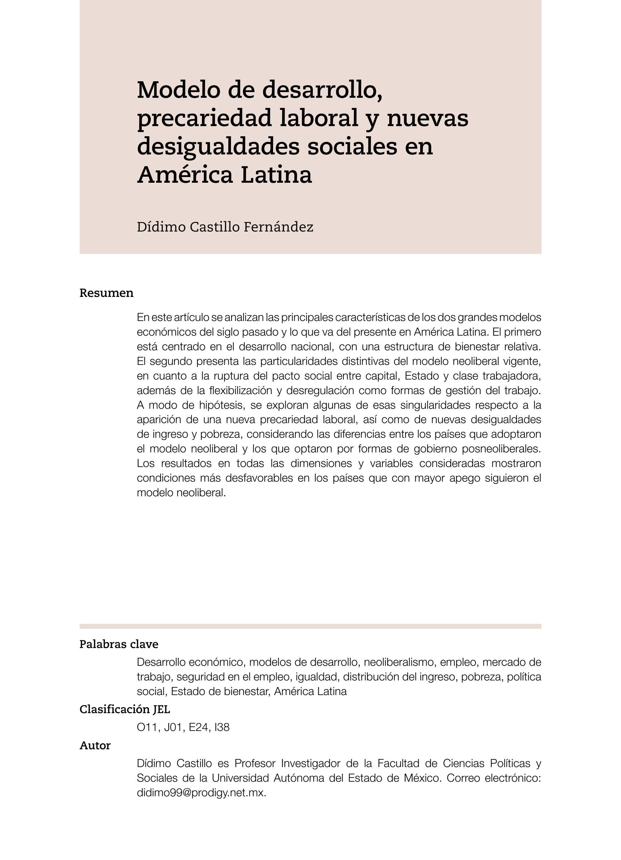 Modelo de desarrollo, precariedad laboral y nuevas desigualdades sociales en América Latina by ...