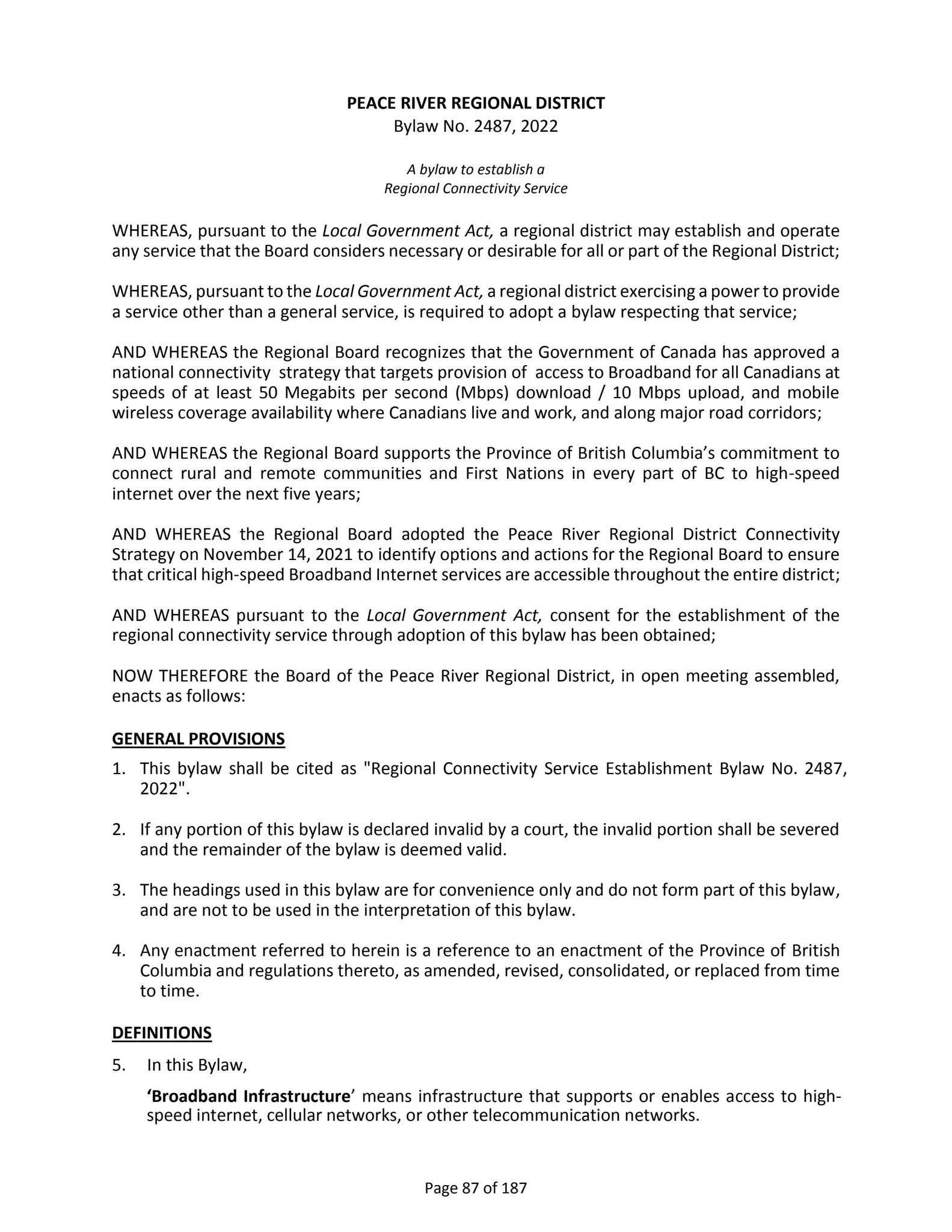 BYLAW NO. 2487, 2022: Regional Connectivity Service by PRRDOfficial - Issuu