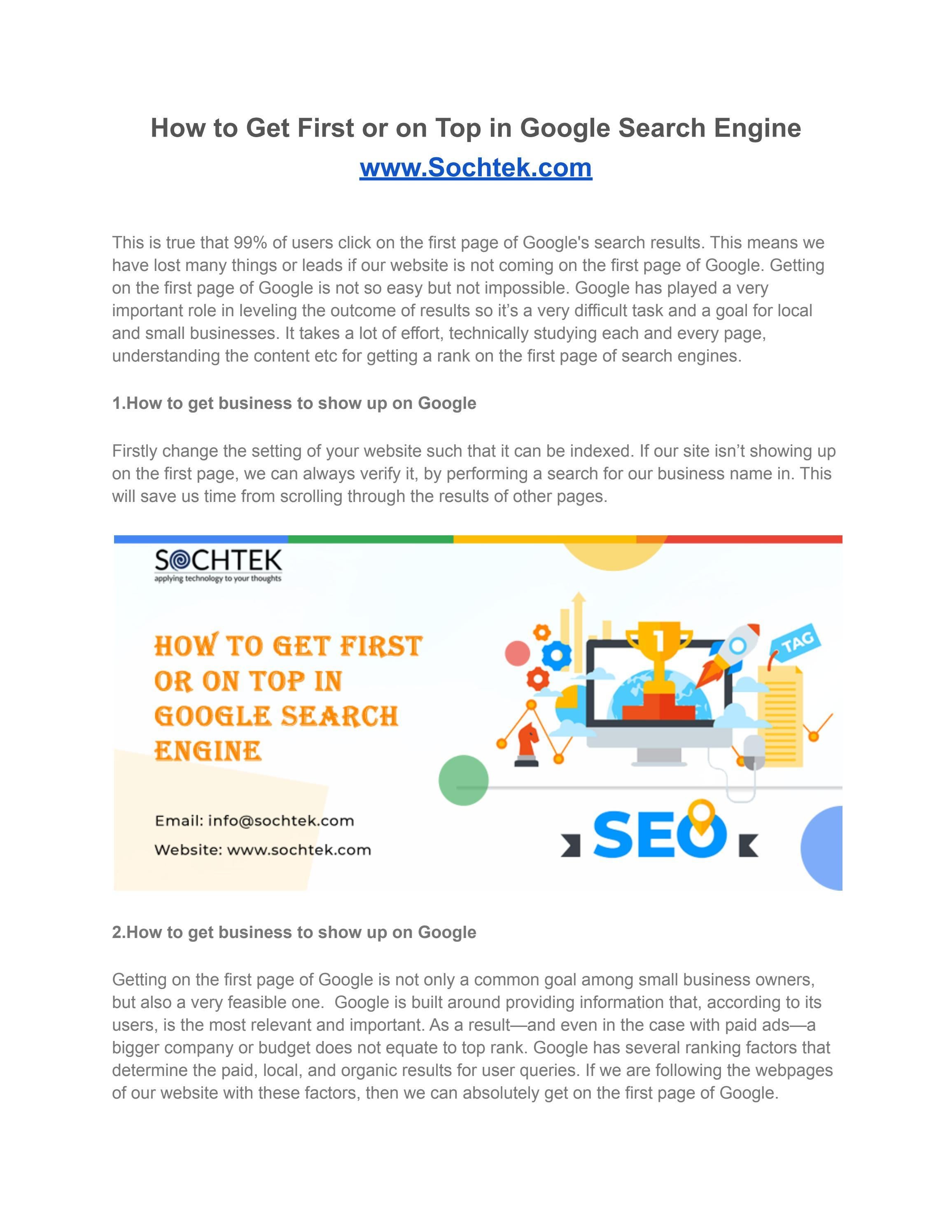 How to Get First or on Top in Google Search Engine www.Sochtek.com by ...