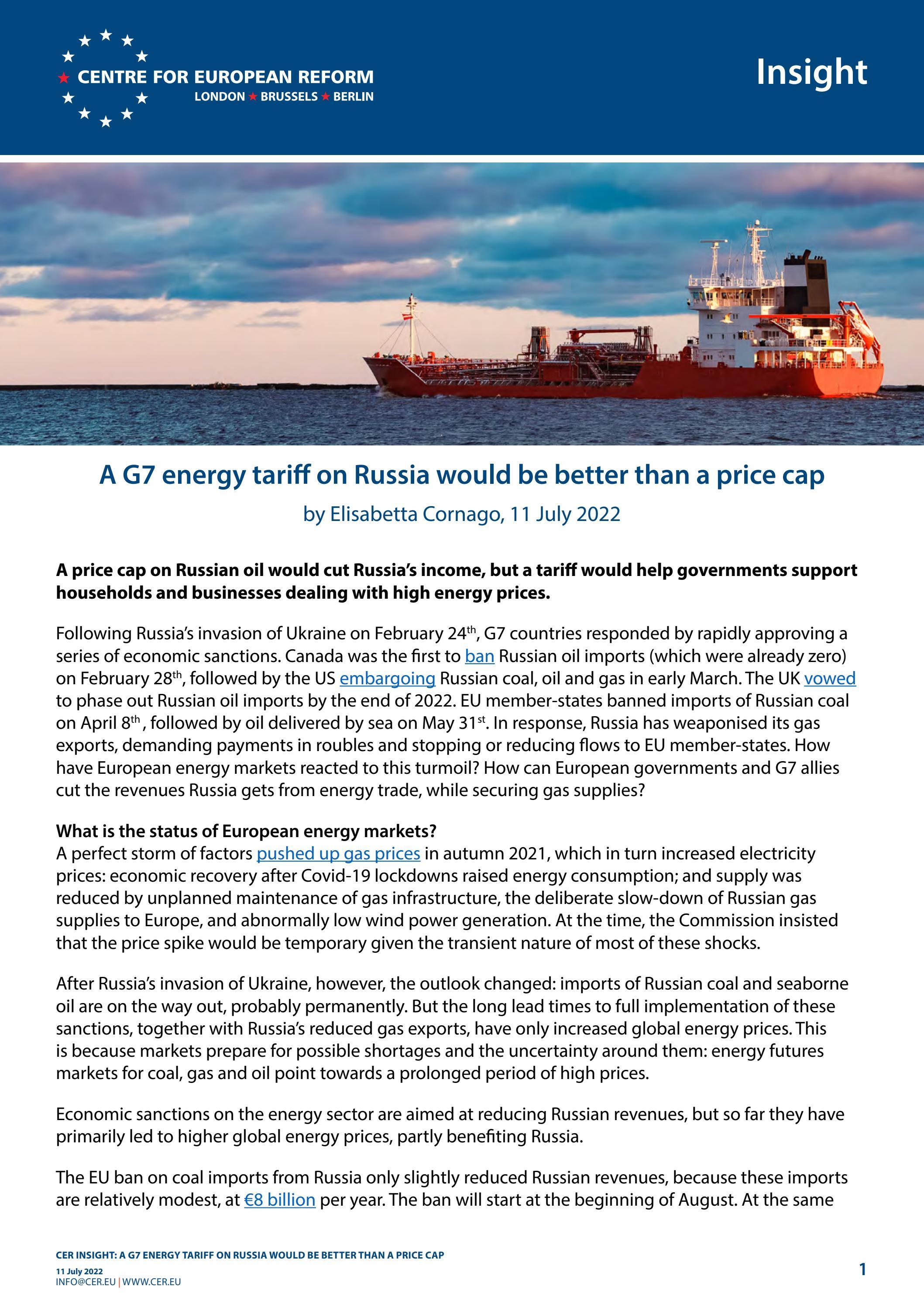 A G7 energy tariff on Russia would be better than a price cap by Centre ...