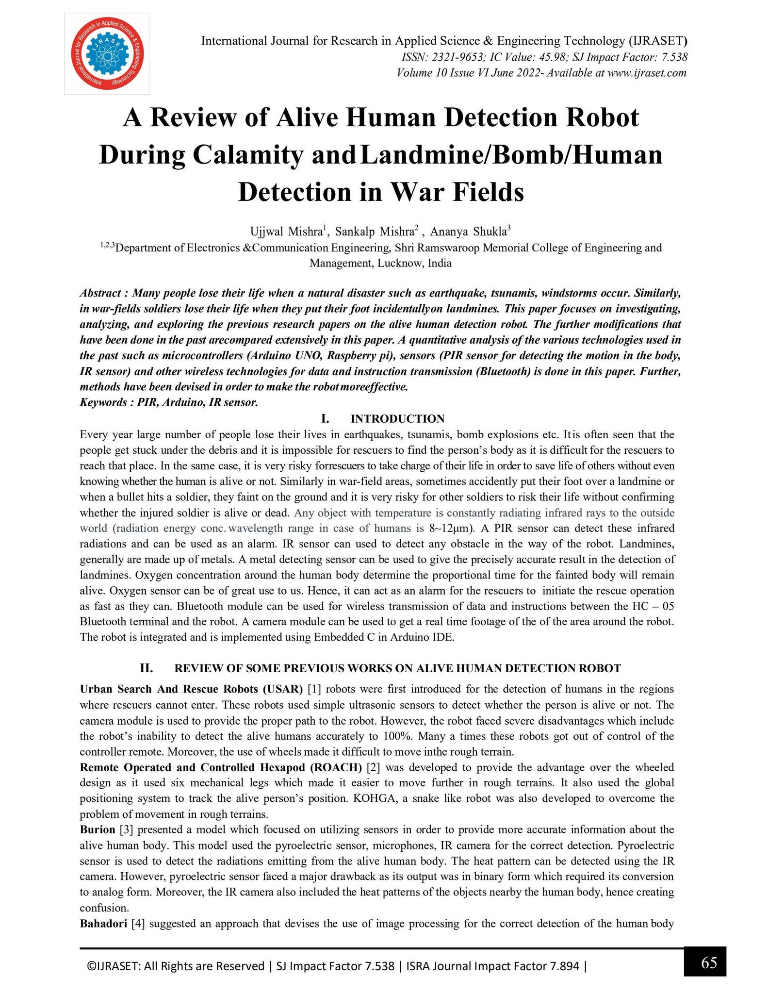 A Review of Alive Human Detection During Calamity and Landmine/Bomb ...