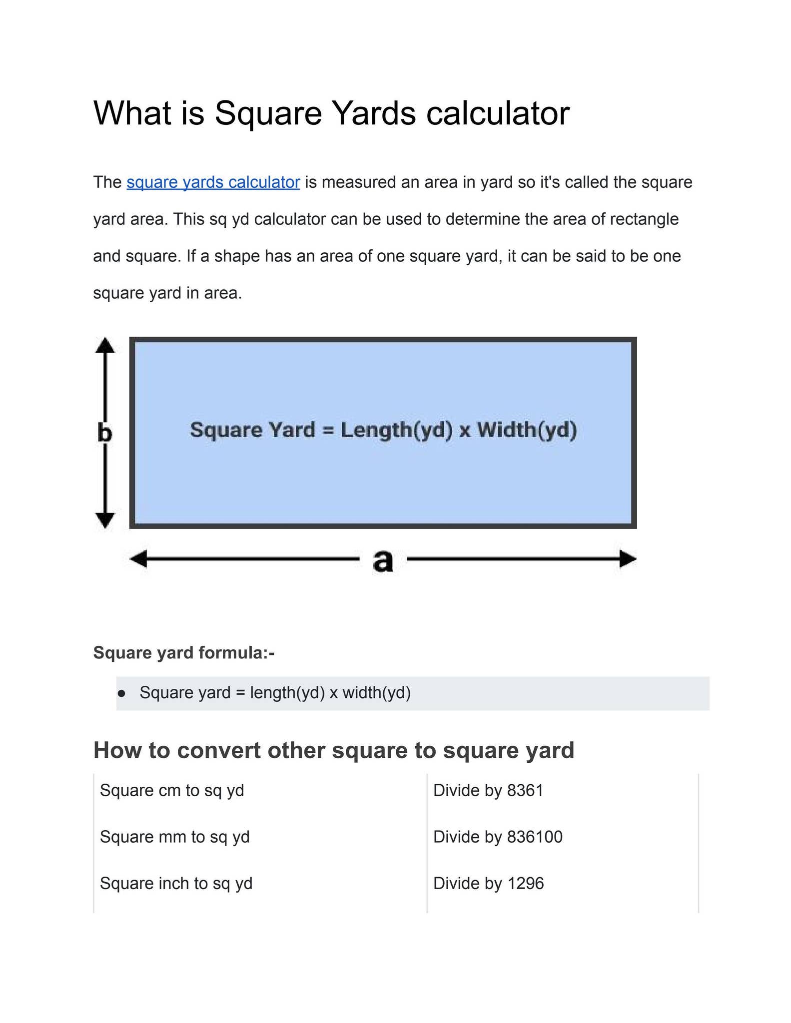Calculate square yards store