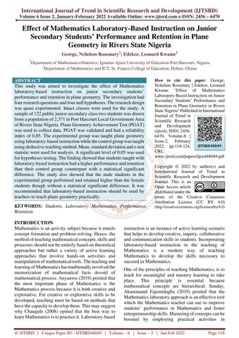 Effect Of Mathematics Laboratory Based Instruction On Junior Secondary