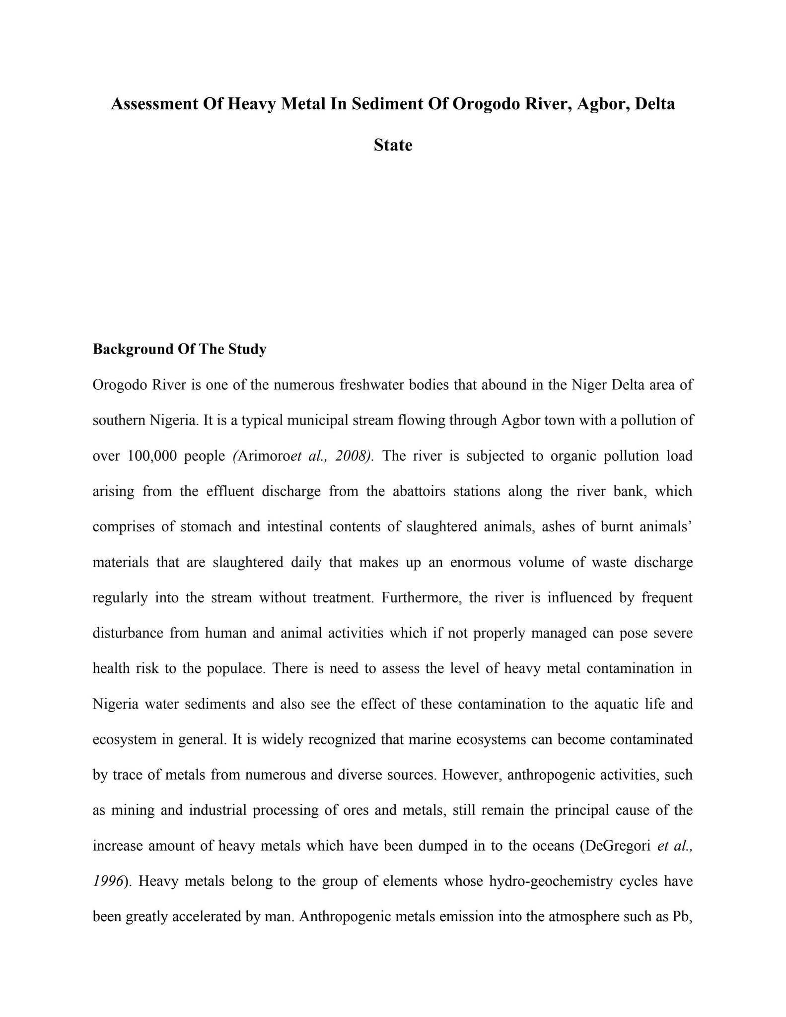 Assessment Of Heavy Metal In Sediment Of Orogodo River, Agbor, Delta ...