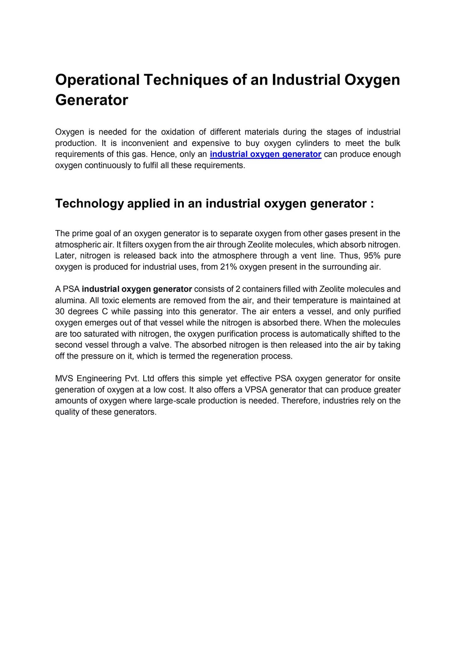 Operational Techniques of an Industrial Oxygen Generator by MVS Engg ...