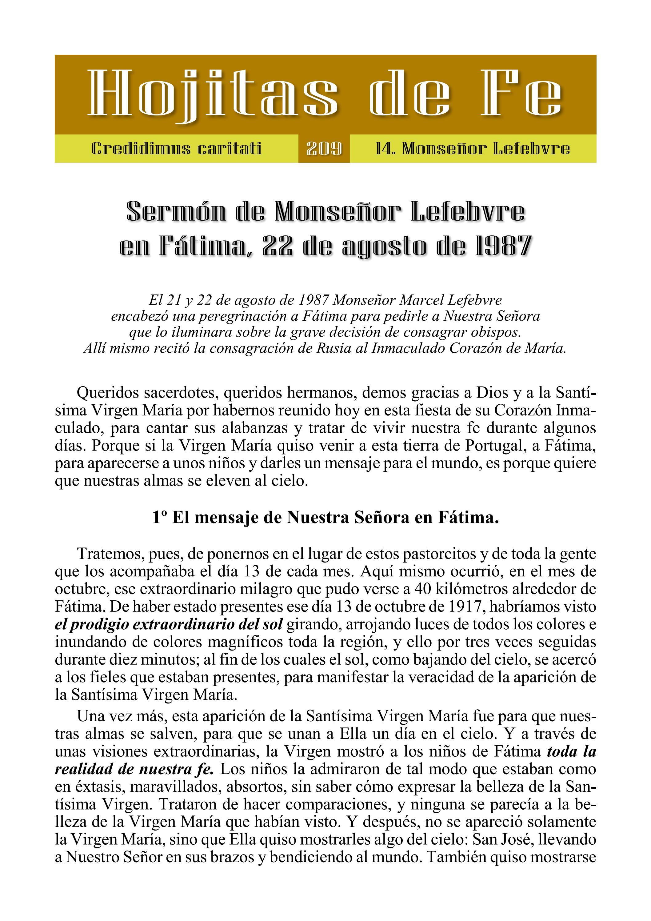 Hojitas de Fe 209 - Sermón de Monseñor Lefebvre en Fátima by JMJ ...
