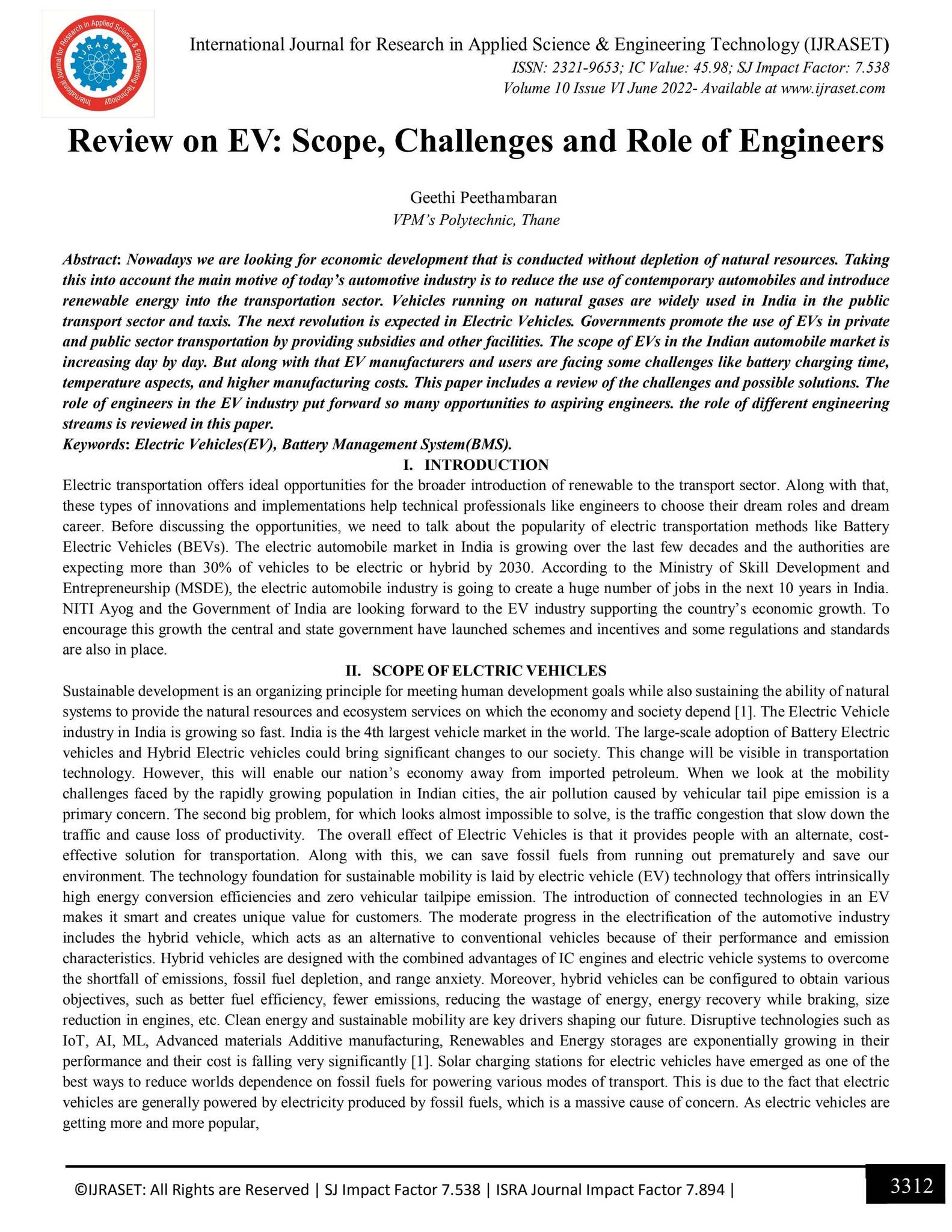 Review on EV: Scope, Challenges and Role of Engineers by IJRASET - Issuu