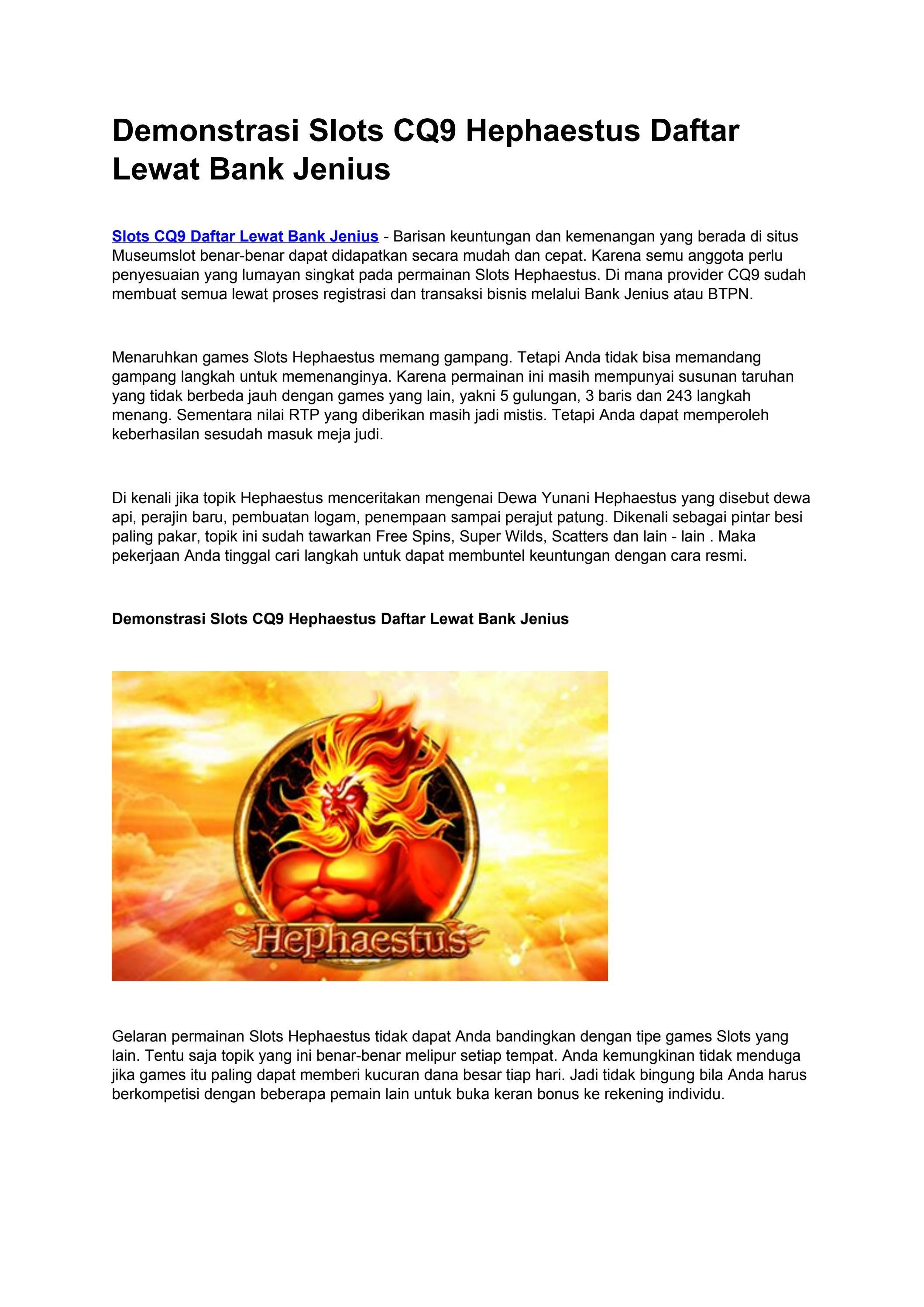 Demonstrasi Slots CQ9 Hephaestus Daftar Lewat Bank Jenius by Museumbola ...