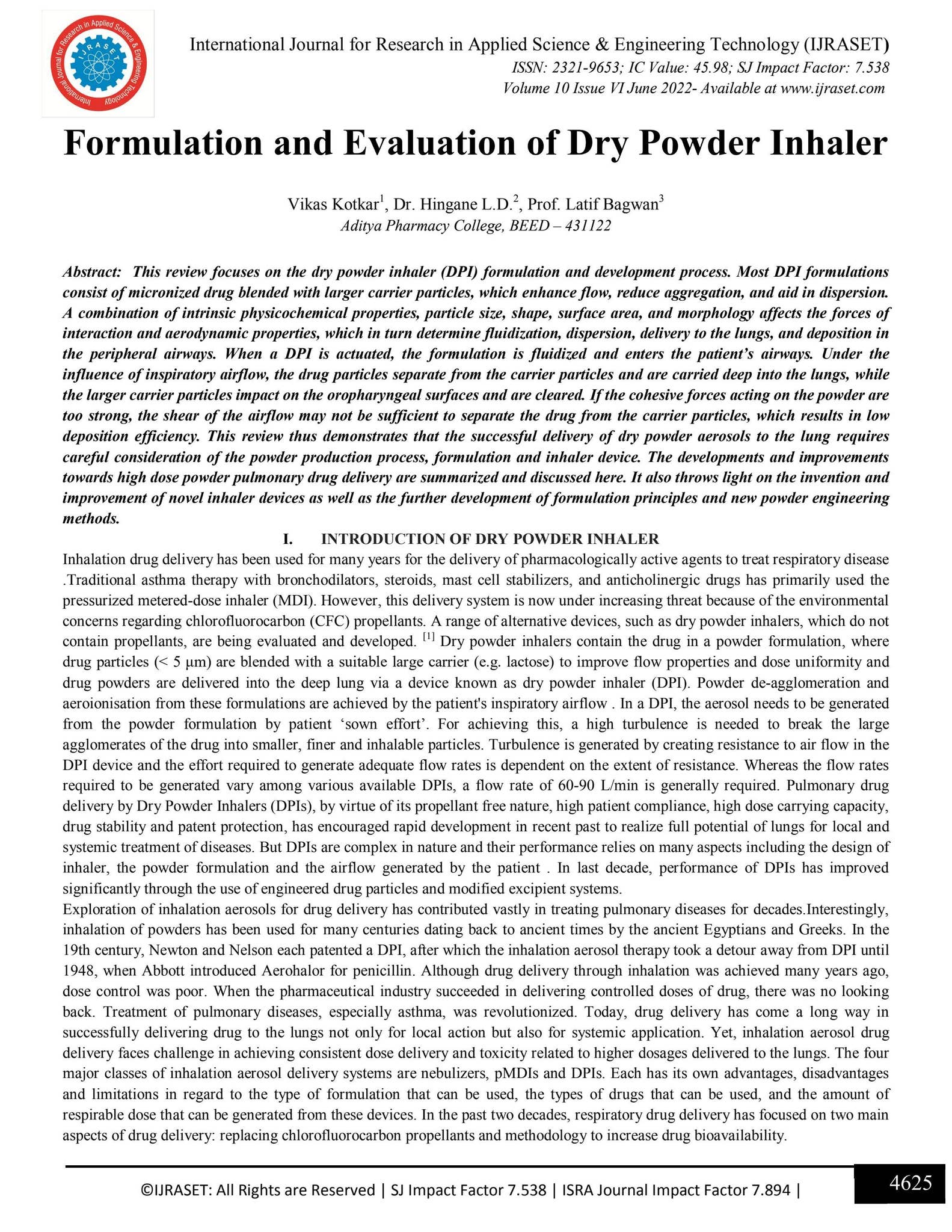 Formulation and Evaluation of Dry Powder Inhaler by IJRASET - Issuu