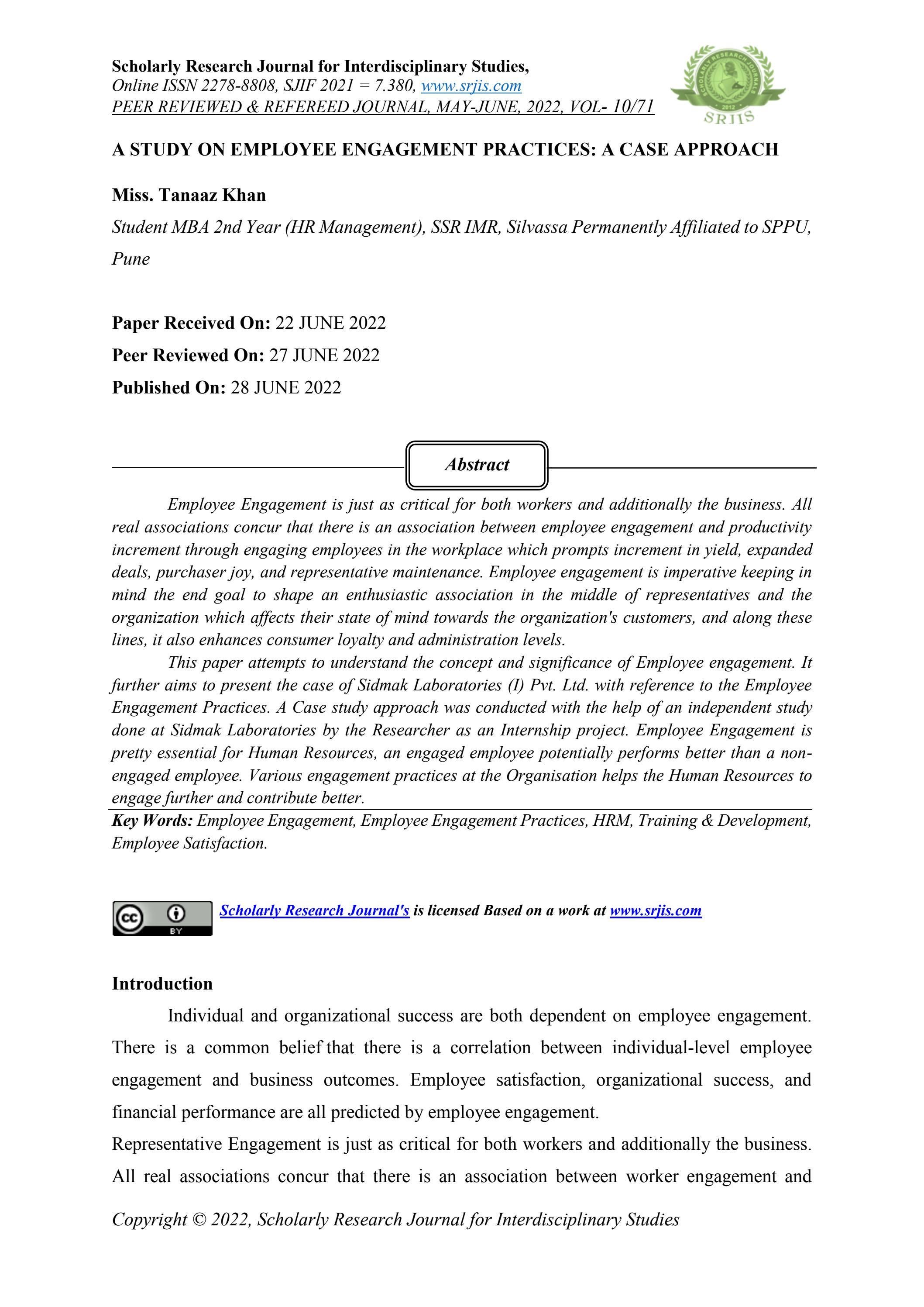 A STUDY ON EMPLOYEE ENGAGEMENT PRACTICES: A CASE APPROACH by Scholarly ...