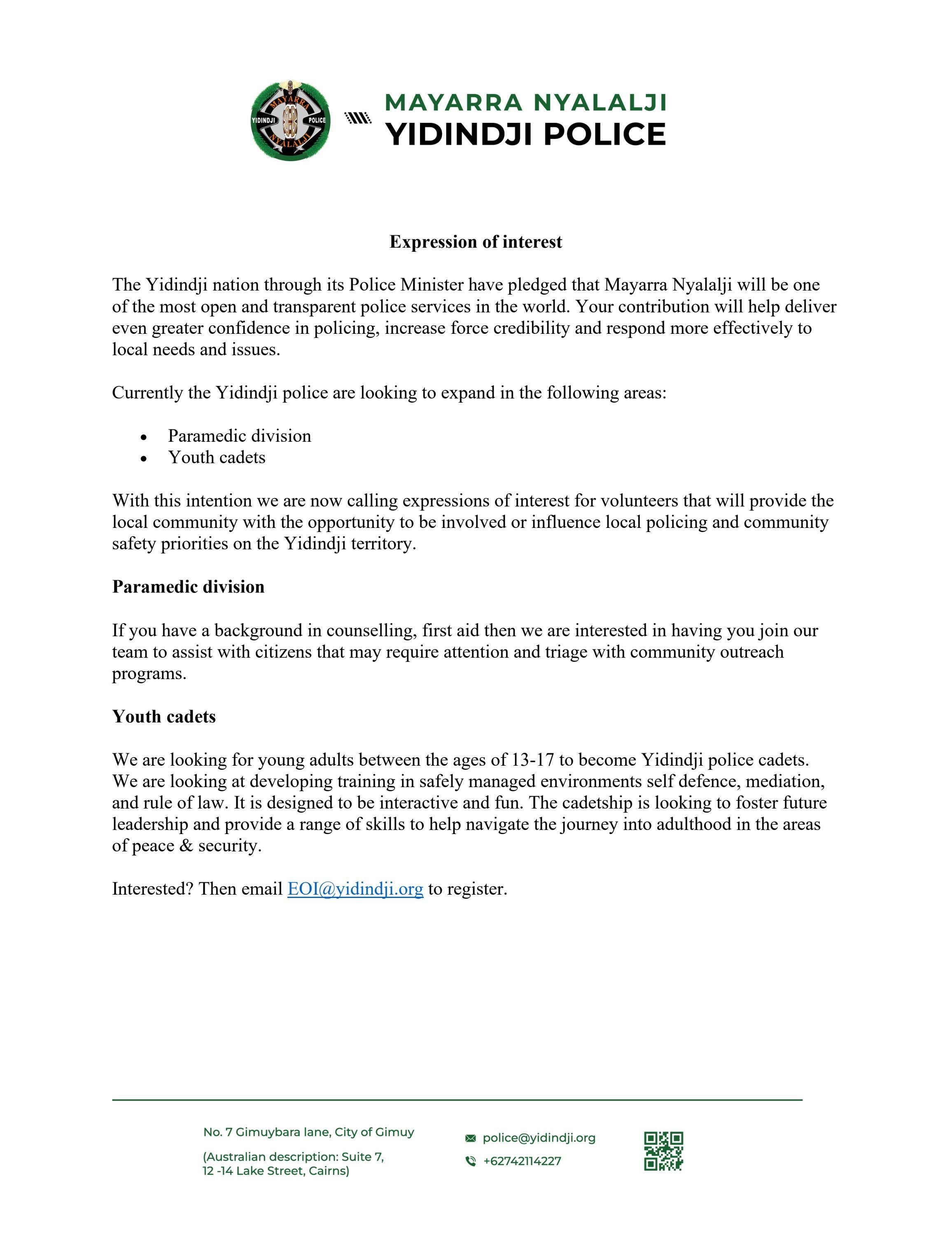 Expression of interest Yidindji police by Sovereign ©Yidindji ...