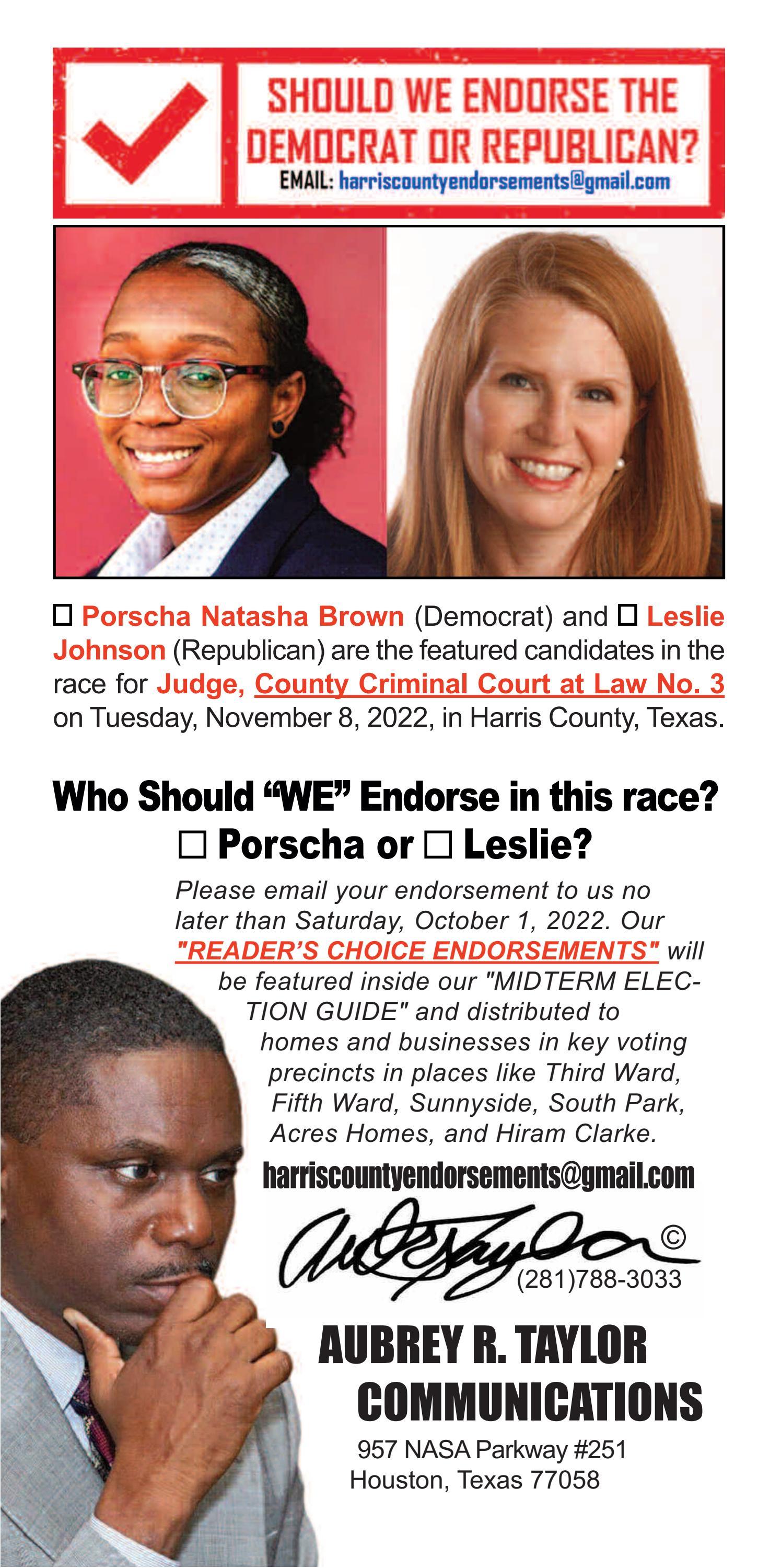 Porscha Natasha Brown and Leslie Johnson are running for Judge, County ...