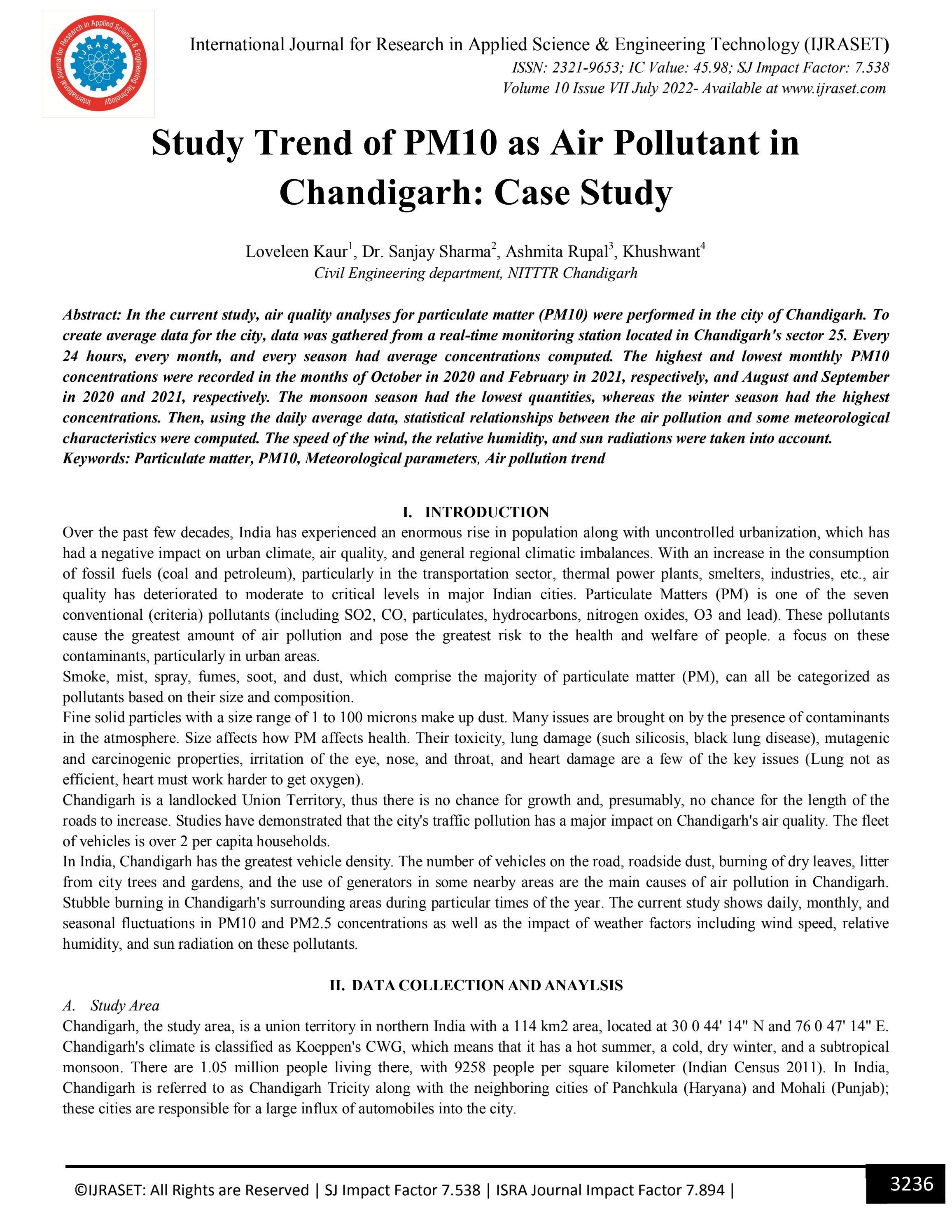 Study Trend of PM10 as Air Pollutant in Chandigarh: Case Study by IJRASET - Issuu
